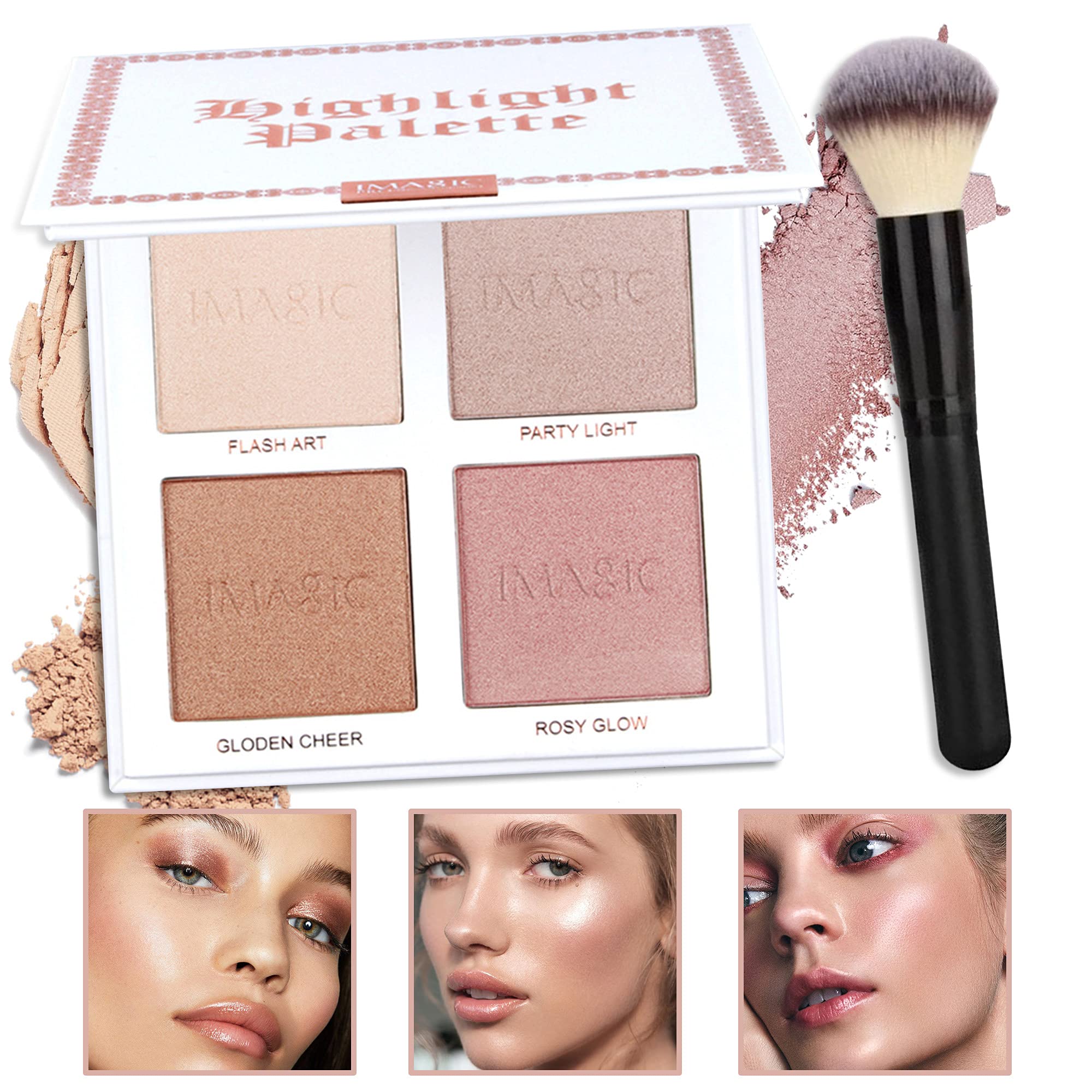 CCbeauty 4 Color Contour Highlight Makeup Palette with Powder Brush,Face Shimmer Bronzer Contouring Shadow Highlighter Blush Palette for Cheek, Valentine's Day Gift Sets for Girls Women