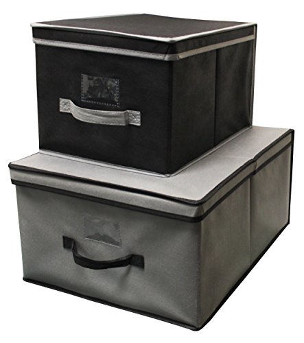 EarthWise Storage Bin Basket Box Collapsible Container Foldable Stackable Fold Flat Shelf Cabinet with Lid Cube Organizers (Set of 3) 1 Large 2 Medium (Black/Grey)