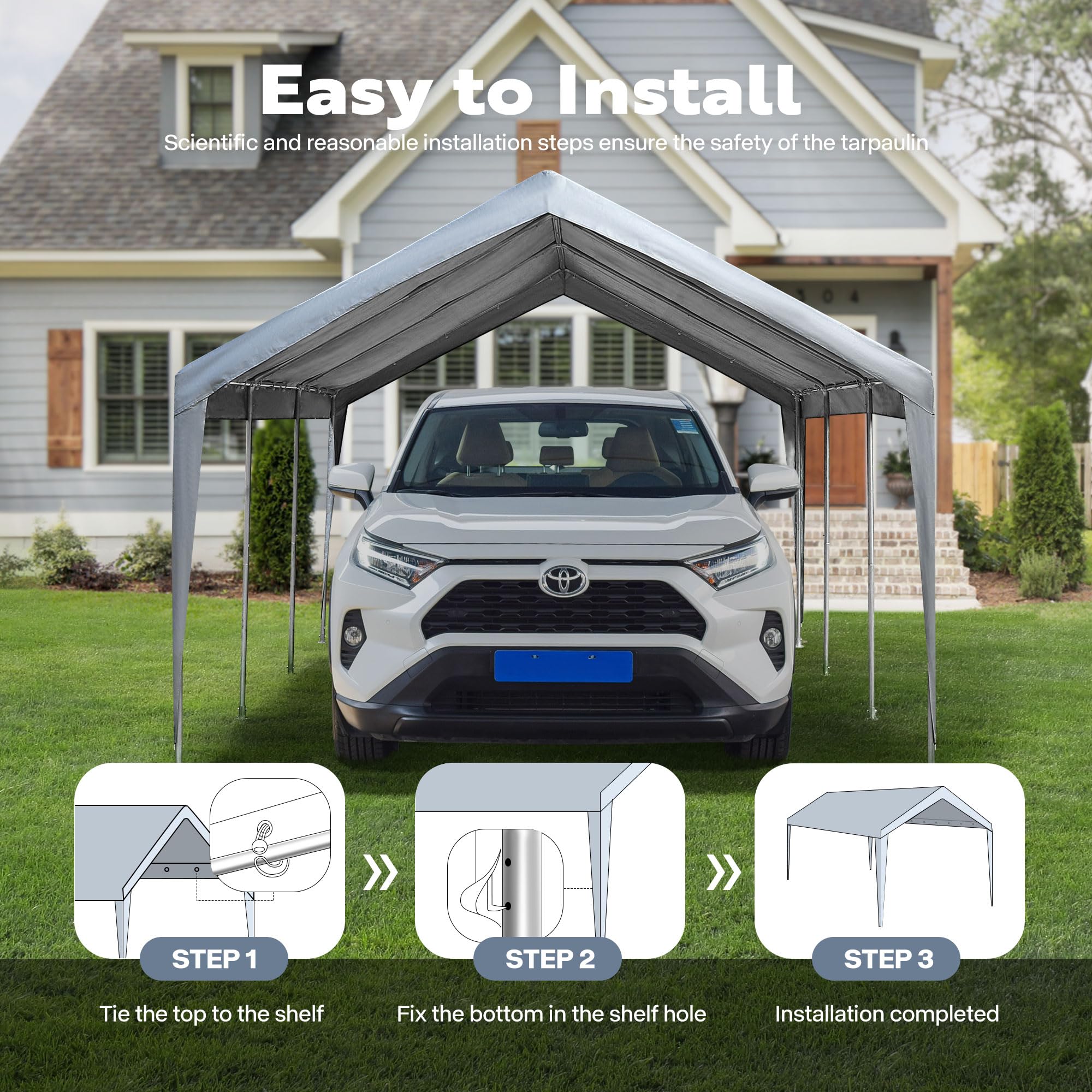 VIVOHOME 12x20ft Carport Replacement Canopy Cover, 180G Waterproof & UV Protected Tarp with 44 Elastic Buckles Suit for Garage Shelter, Frame is Not Included