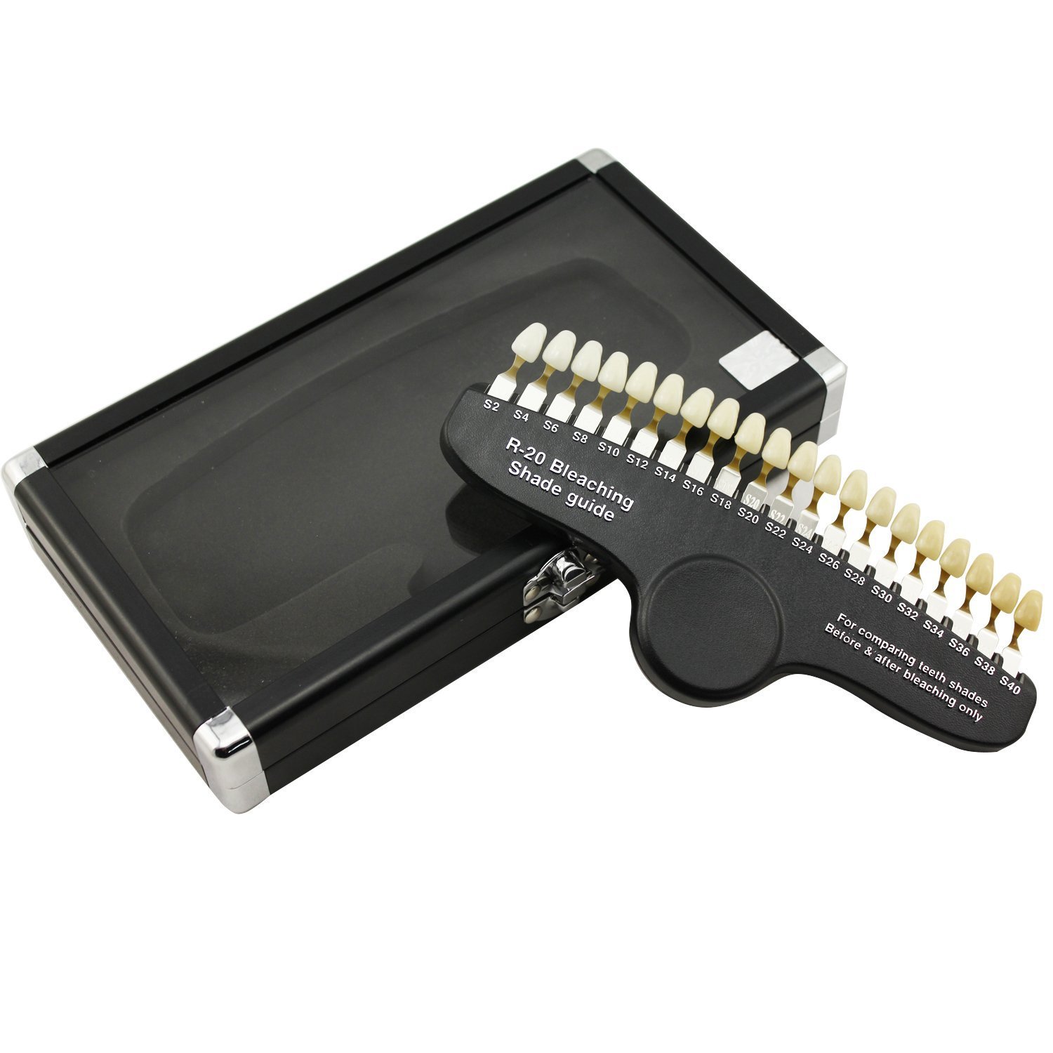 Professional 3D R-20 Teeth Whitening Shade Guide Dental 20 Colors Tooth Bleaching Shade Chart with Mirror Aluminum Case