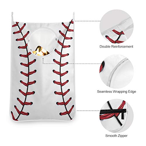 Red Stitching Baseball Door Hanging Laundry Hamper Bag Softball Laces Space Saving Wall Large Laundry Basket Storage Dirty Clothes Bags with Bottom Zippers Hooks for Bathroom Bedroom 2 Pcs
