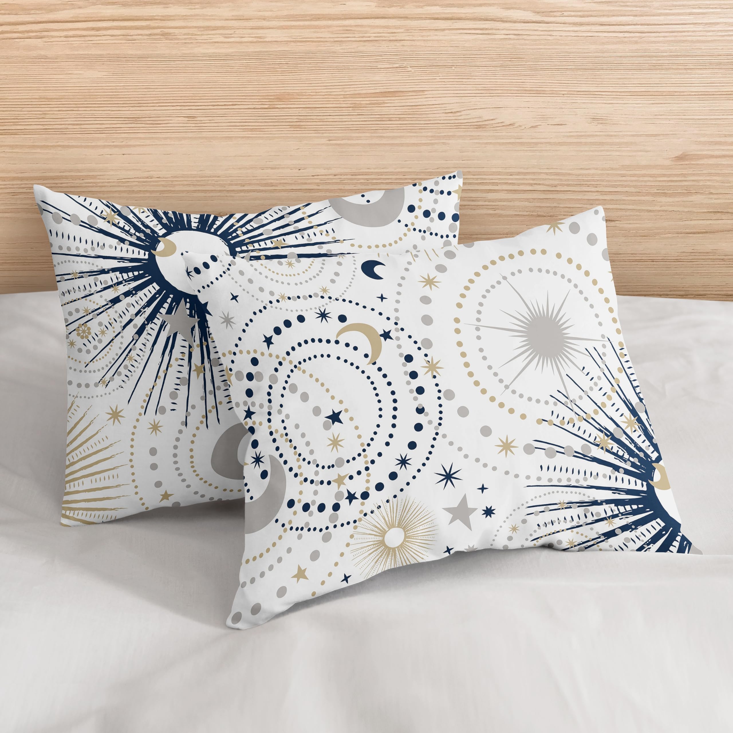 Sweet Jojo Designs Star and Moon Boy or Girl Full/Queen Bedding Set Kids Comforter Childrens Size - 3 Pieces - Navy Blue, Gold, and Grey Celestial Sky Stars Gender Neutral Unisex