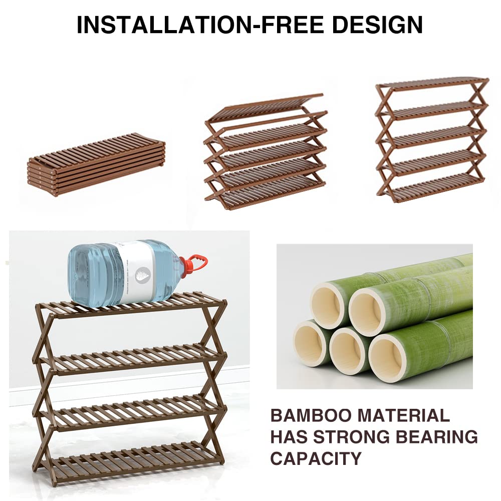 Homietina Foldable Bamboo Shoe Rack 5 Tier, Free Standing Shoe Storage Organizer for Entryway, Multifunctional Shoe Shelf for Home, Door, Hallway, Balcony, Bedroom