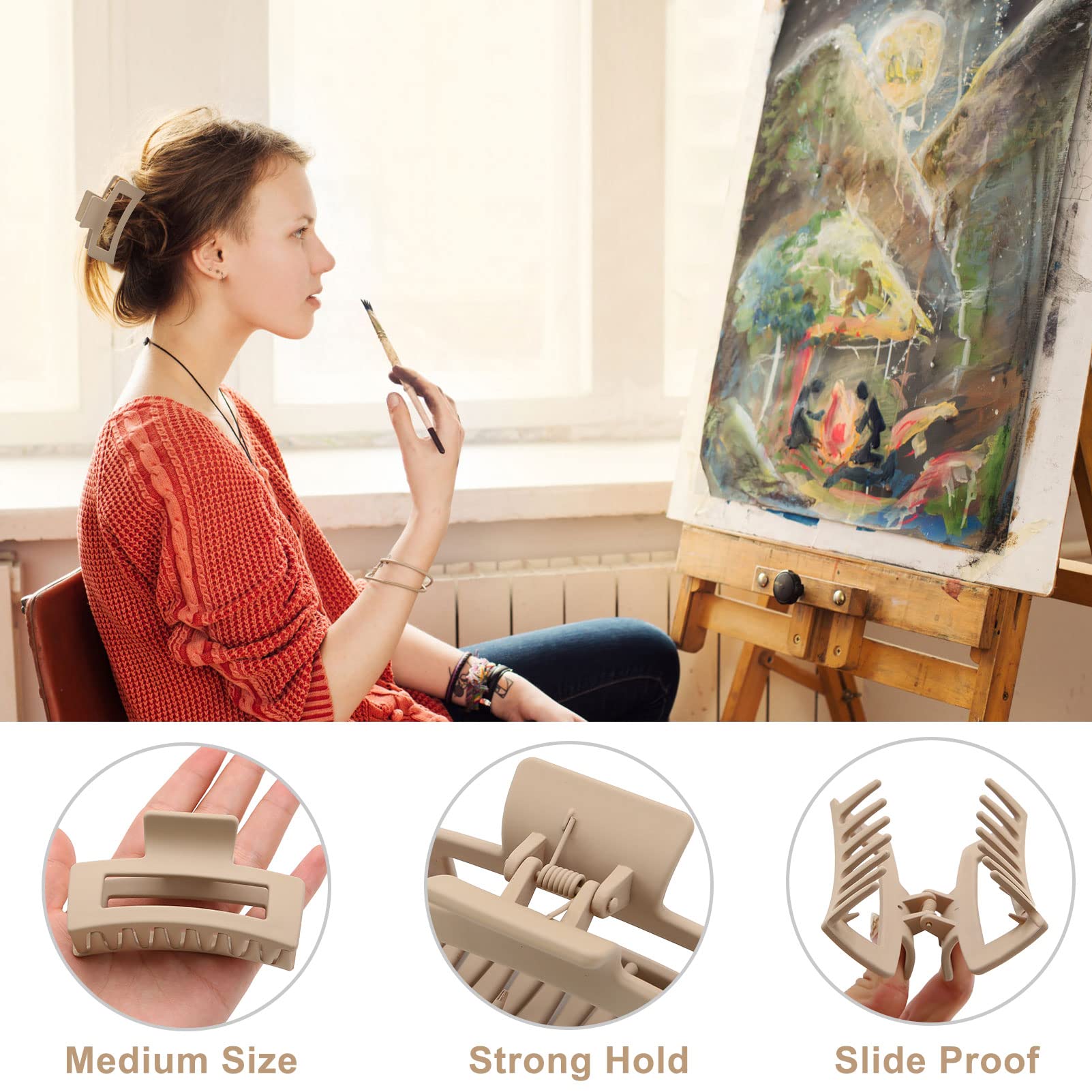 6 PCS Hair Claw Clips, Square Hair Clip for Women Girls, 3.5ββ Neutral Colors Rectangular Claw for Thick Thin Hair, Medium Matte Strong Hold Non-slip Jaw Clips