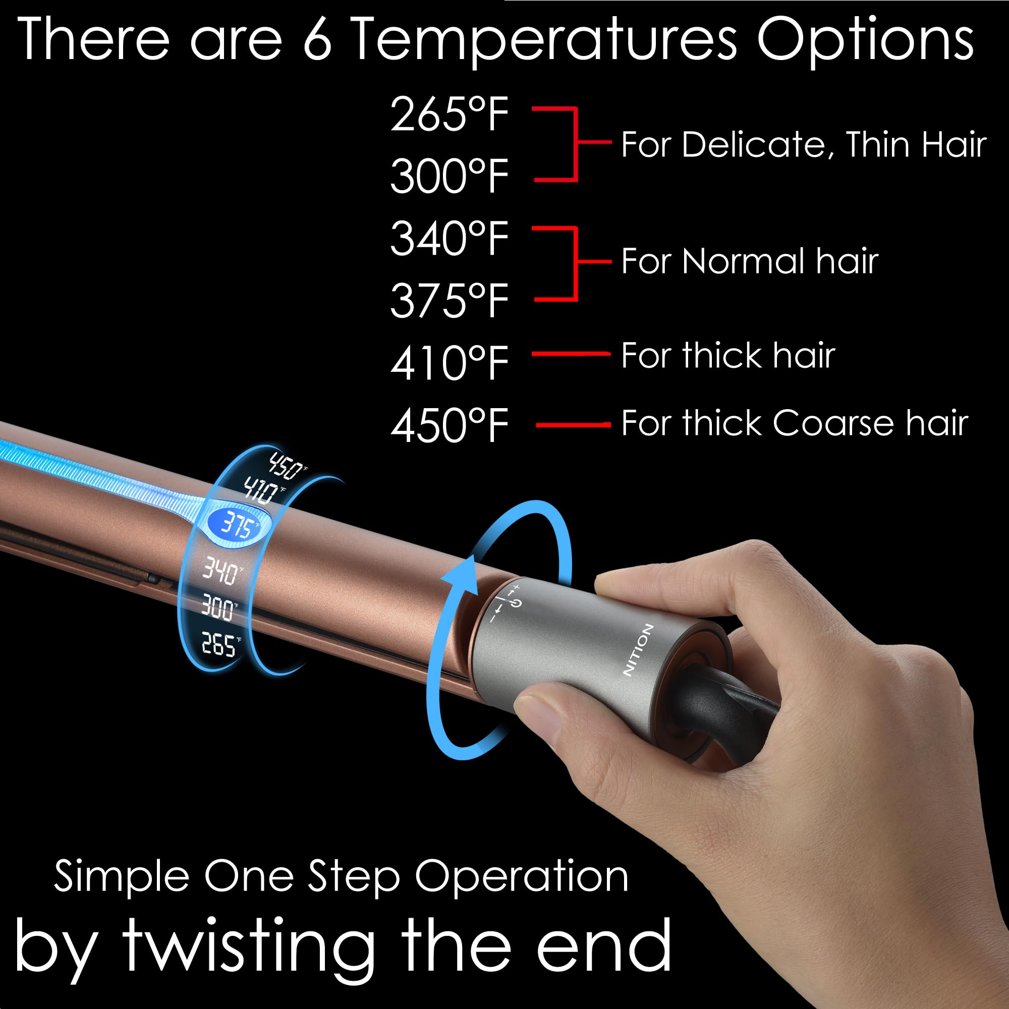 NITION Ceramic Tourmaline Flat Iron for Hair LCD 1" Hair Straighteners MCH Fast Heating UP Healthy Smooth Straightening Styling Tools with Travel Pouch Bag. 265-450°F Adjustable 6 Temperatures Levels