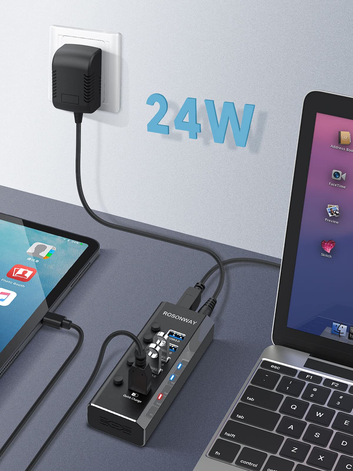 Powered USB Hub Rosonway Aluminum 5 Port USB Hub Expander with 4 USB 3.0 Data Ports and 1 Fast Charging Port, USB Hub 3.0 Splitter with 24W(12V/2A) Power Adapter and Individual Switches (RSH-A35)