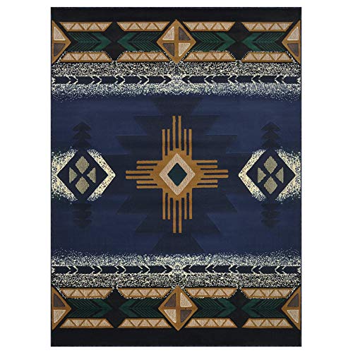 Handcraft Rugs - Navy Blue, Brown and Green, Modern Contemporary Southwestern, Native American Style Area Rug (Approximately 8 by 10)