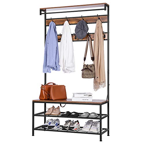 VIVOHOME 5-in-1 Entryway Hall Tree, Industrial Stand Organizer with Shoe Bench, Vintage MDF Wood Furniture with Stable Metal Frame