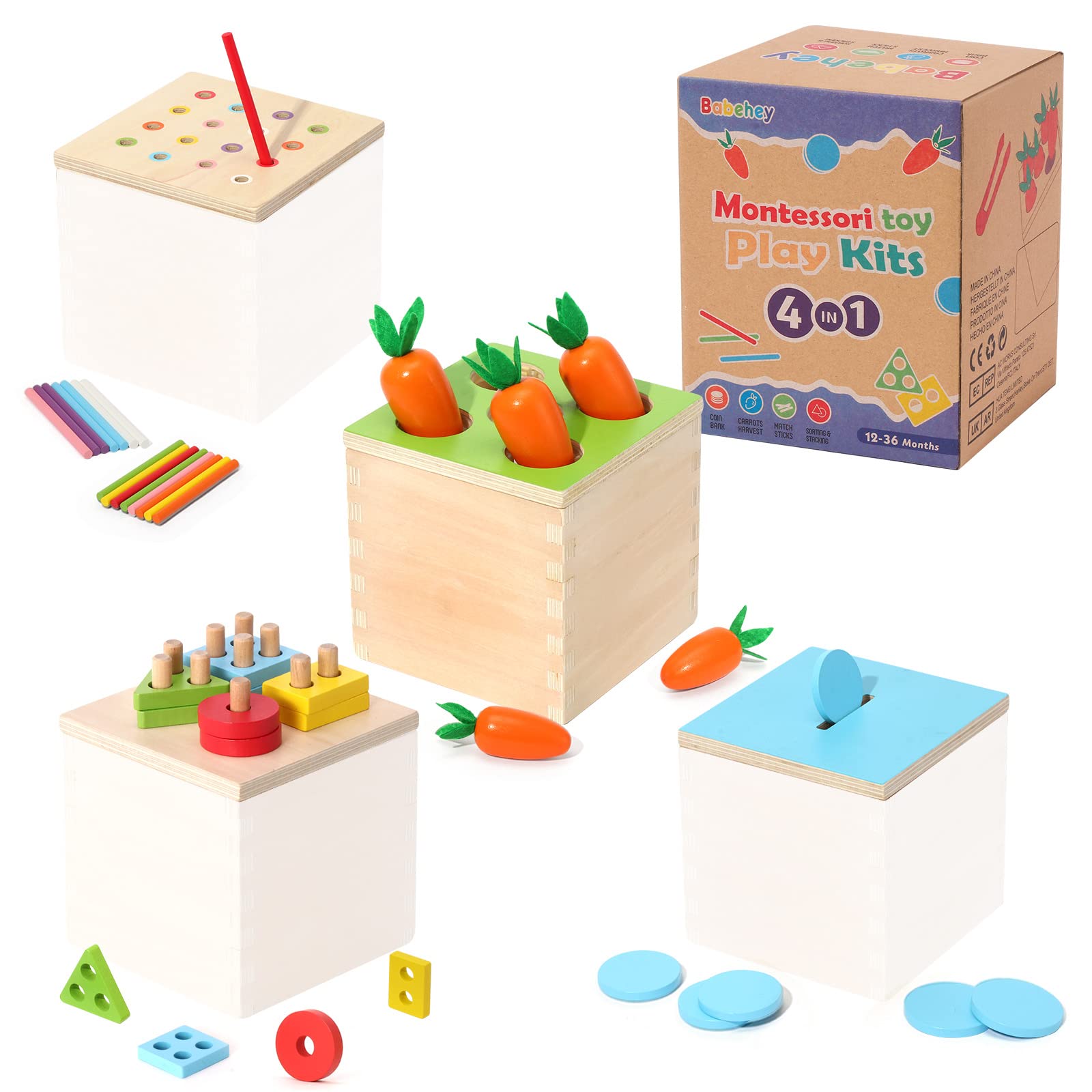 Babehey 4 in 1 Montessori Toys for 1 Year Old Boys Girls, Wooden Shape Sorter Toy, Fine Motor Skill Toys, Montessori Coin Box, Montessori Baby Toys 6-12, 12-18 Months