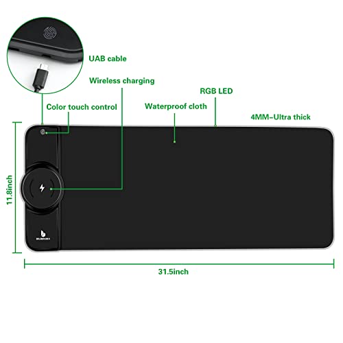 Gaming Mouse Pad,15W Qi Fast Chargering,Extened Large RGB Gaming Mouse Pad,for Large Keyboard and Mouse,Home&Office,10 Lighting Modes,Support Qi Fast Charging Support Mobile Phone Devices,31.5"X11.8"