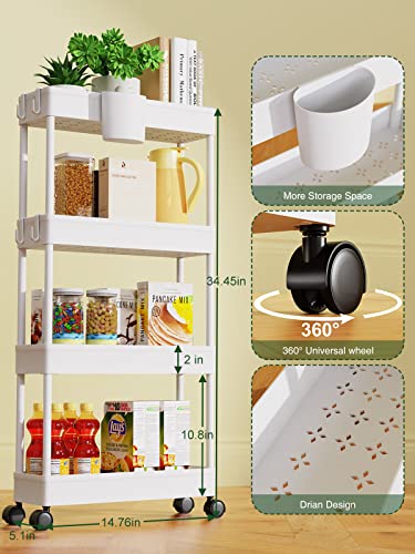 LEHOM 5.1" Slim Storage Cart - 4 Tiers Bathroom Organizer Mobile Shelving Unit Storage Rolling Utility Cart Slide Out Organizer for Kitchen Bathroom Laundry Narrow Places, White