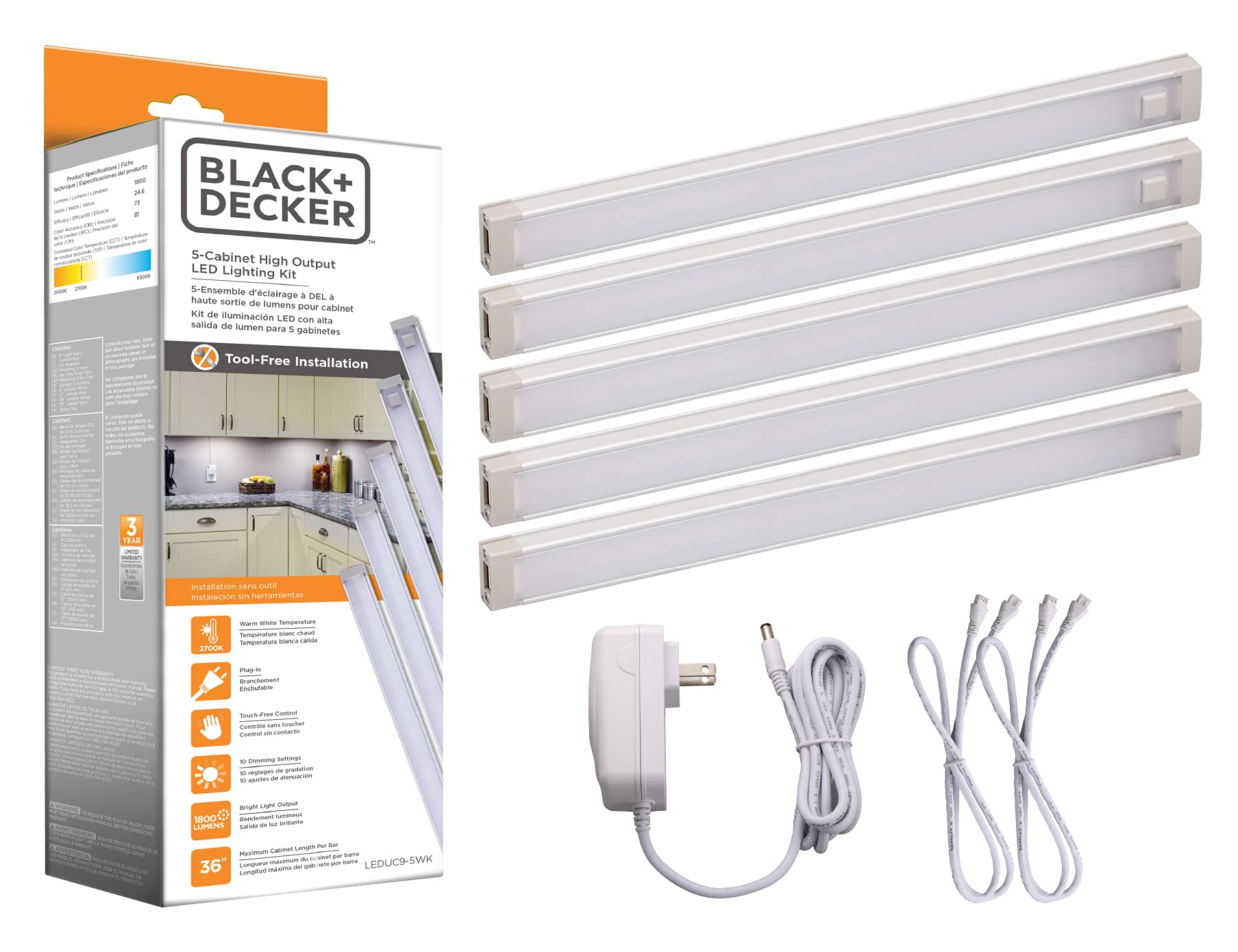 BLACK+DECKER Dimmable Under Cabinet Lighting with Motion Sensor, 24.6W, 1800 Lumens, White 2700K, 5-Bar Kit, 9", Warm