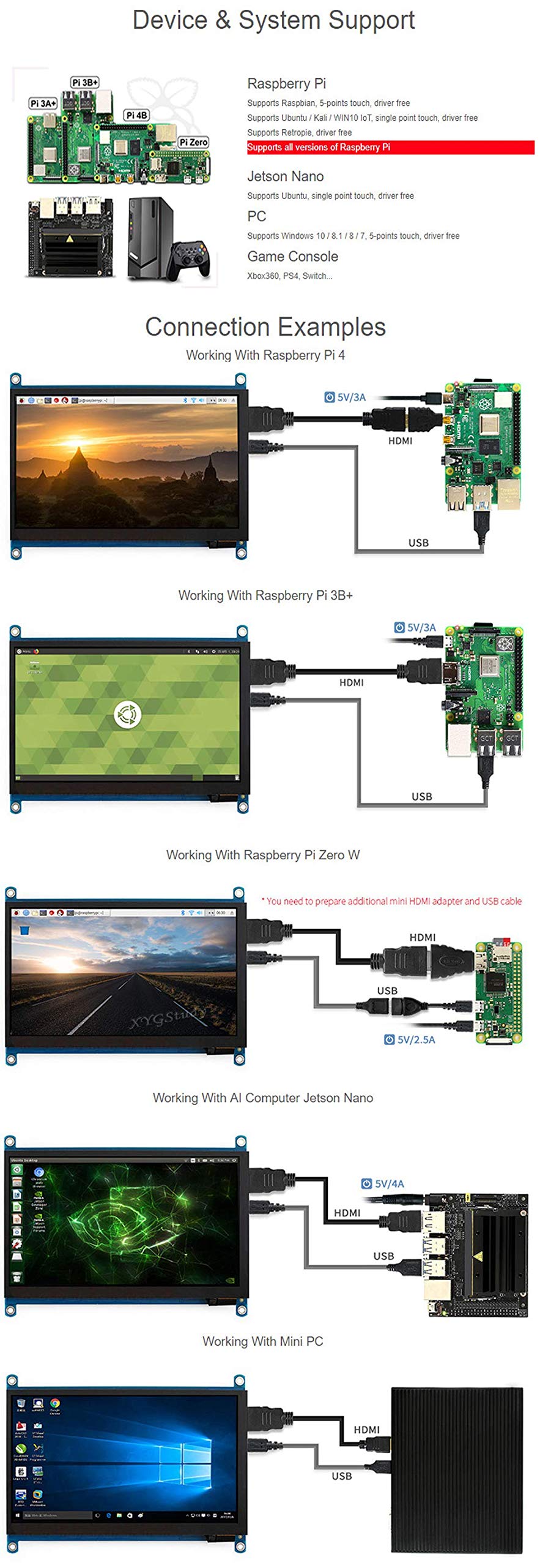 XYGStudy 7 inch QLED Quantum Dot Display IPS HDMI 1024×600 Capacitive Touch Screen G+G Toughened Glass Panel Supports Raspberry Pi 4 3 Raspbian Retropie Jetson Nano Xbox360 PS4 Switch etc