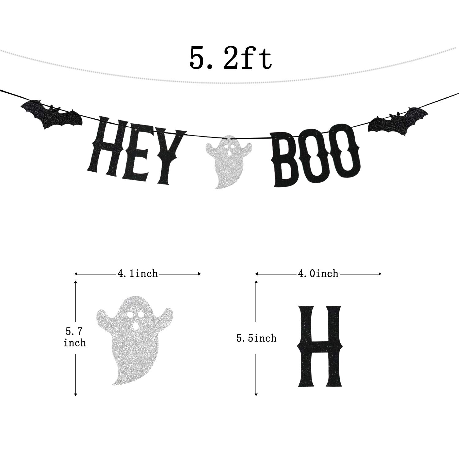 Black Glitter Hey&Boo Banner - Halloween Party Bunting Garlands - Haunted House Decorating, Indoor Outdoor Decorations