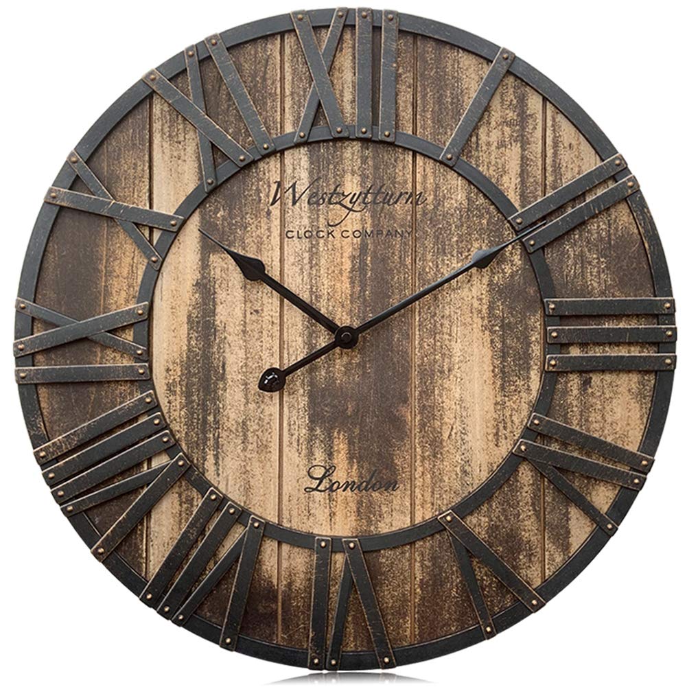 Westzytturm Rustic Wall Clock 24 inch Round Wooden Clock 3D Roman Numeral Farmhouse Vintage Large Wall Clocks for Living Room,Dining Room,Home Decor,Kitchen,Mantel,Garden(Brown 24”)