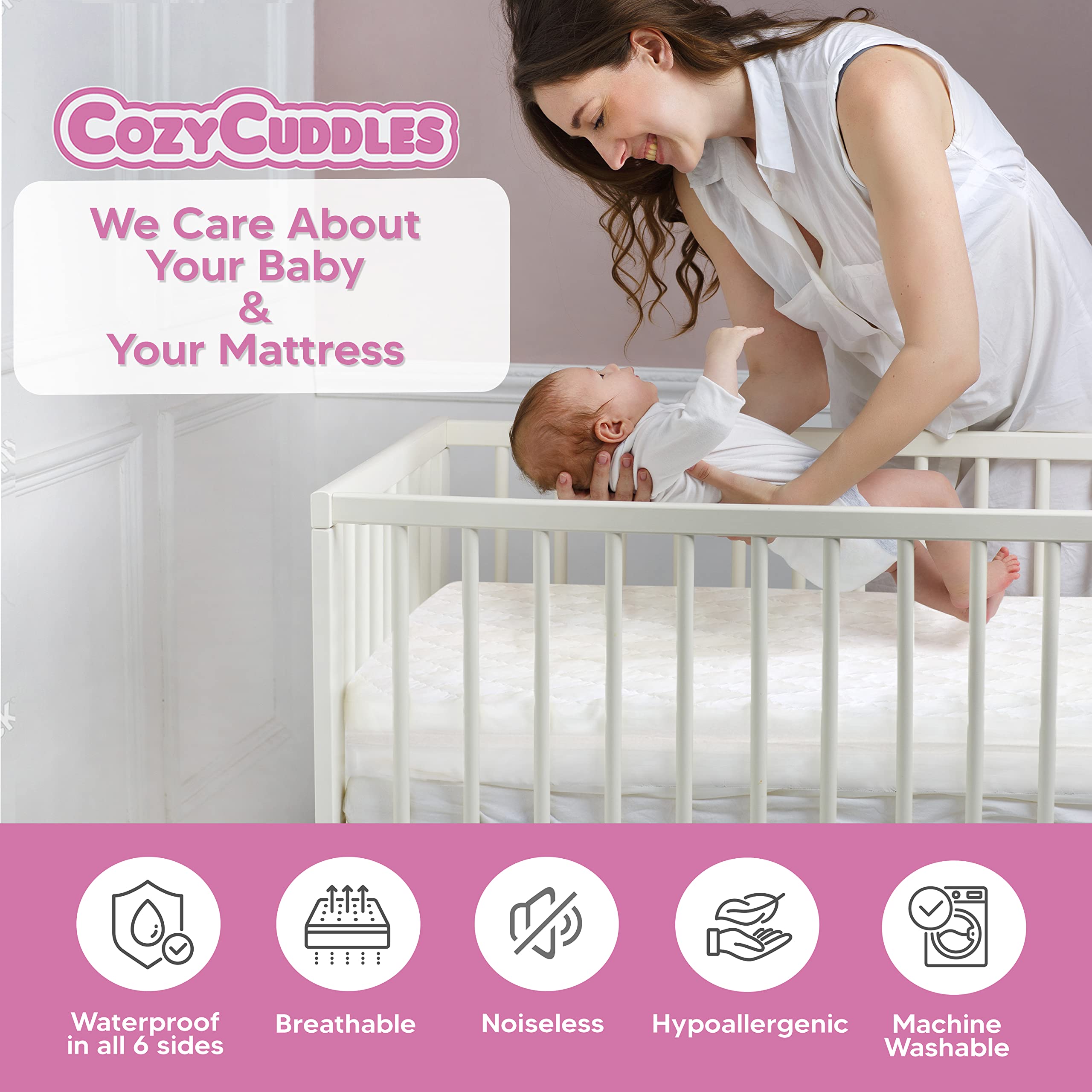 COZYCUDDLES Premium Zippered Quilted Waterproof Crib Protector Cover - All 6-Sides Waterproof Fully Encasement - Standard Baby Crib Toddler Bedding (52" x 28"), White, CC-01