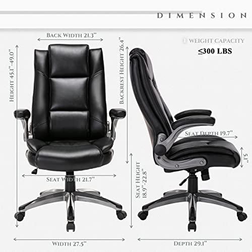 High Back Executive Office Chair-Ergonomic Bonded Leather Computer Chair with Flip-up Arms, Adjustable Tilt Tension, Padded Armrests, Swivel Rolling Home Desk Chair-Black,300lbs
