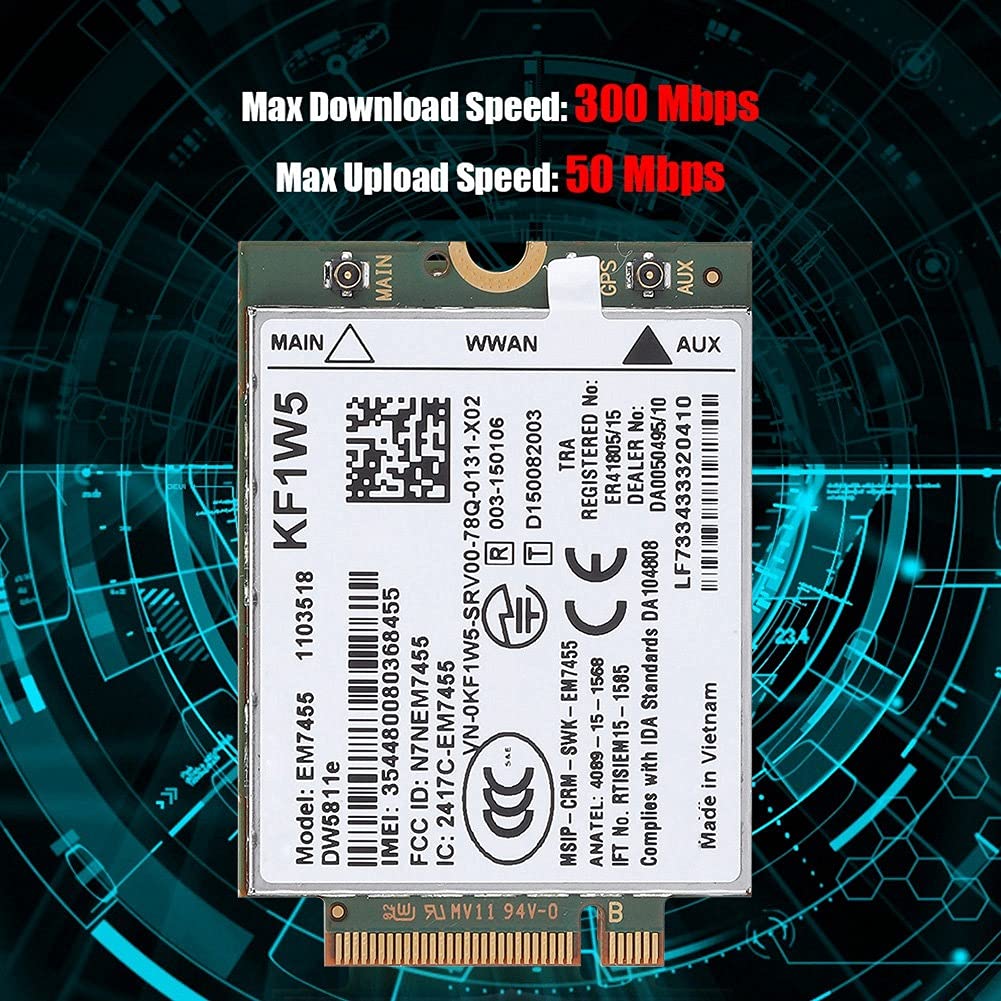 EM7455 Card, 4G LTE WWAN NGFF Module for Dell Latitude, 300 Mbps Download Speed, PCIe M.2 Form Factor