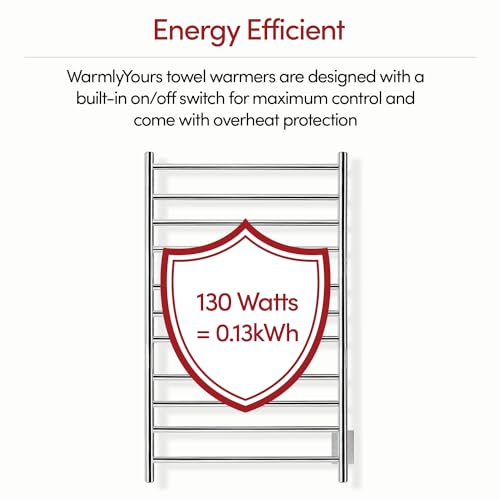 WarmlyYours Polished Radiant Electric Heated Towel Warmer, 11 Bar, Hardwired, Overheat Protection, Integrated On/Off Switch, Stainless Steel