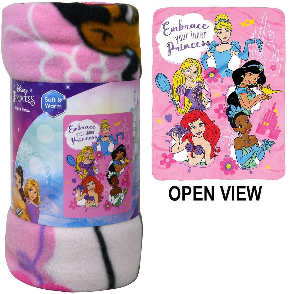 Disney Princess Fleece Blanket Sleepover Set for Girls - Bundle with 45x60 Inch Princess Throw Blanket, Drawstring Bag, Stickers and More (Disney Princess Room Decor)