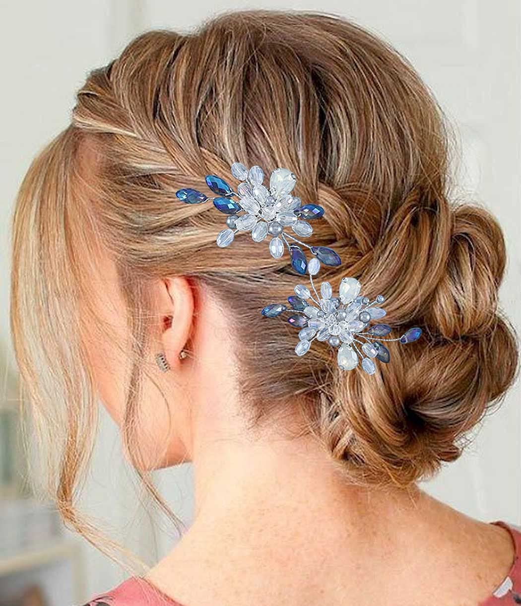 YBSHIN Bride Wedding Blue Hair Pins Silver Crystal Hair Clips Rhinestone Bridal Headpieces Beaded Hair Accessories for Women and Girls (Pack of 2)