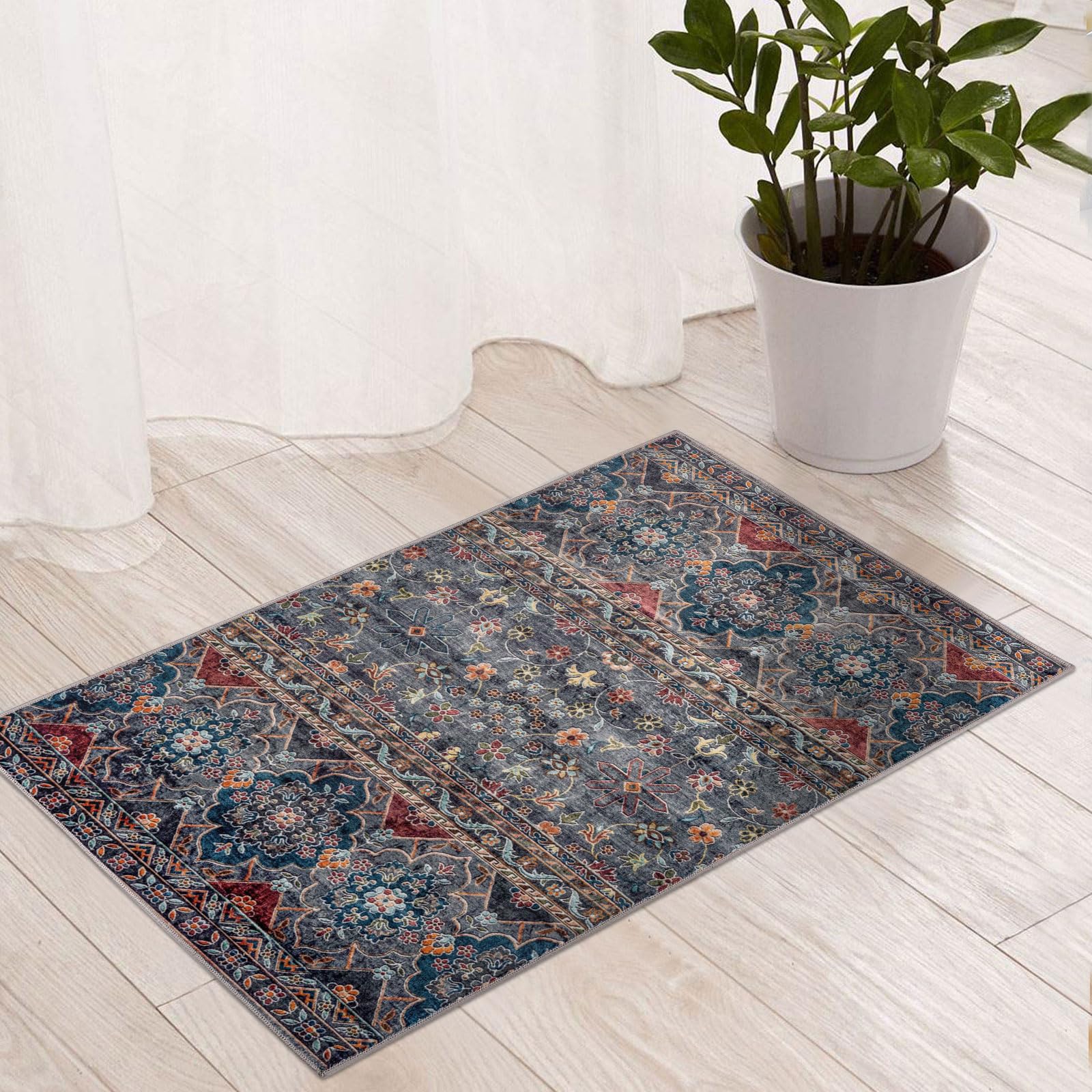 Fashriend Camilla Boho Area Rug, 3'6''×5'6'' Washable Oriental Accent Rug, Non-Slip Traditional Floral Medallion Carpet, Non-Shedding Vintage Rug for Living Room, Bedroom, Dining, Office, Navy