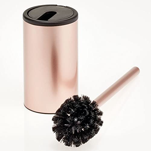 mDesign Slim Stainless Steel Toilet Bowl Brush and Holder + Round Gallon Step Garbage Can Wastebasket Bin for Bathroom Cleaning/Storage - Holder for Garbage and Waste - Set of 2 - Rose Gold/Black