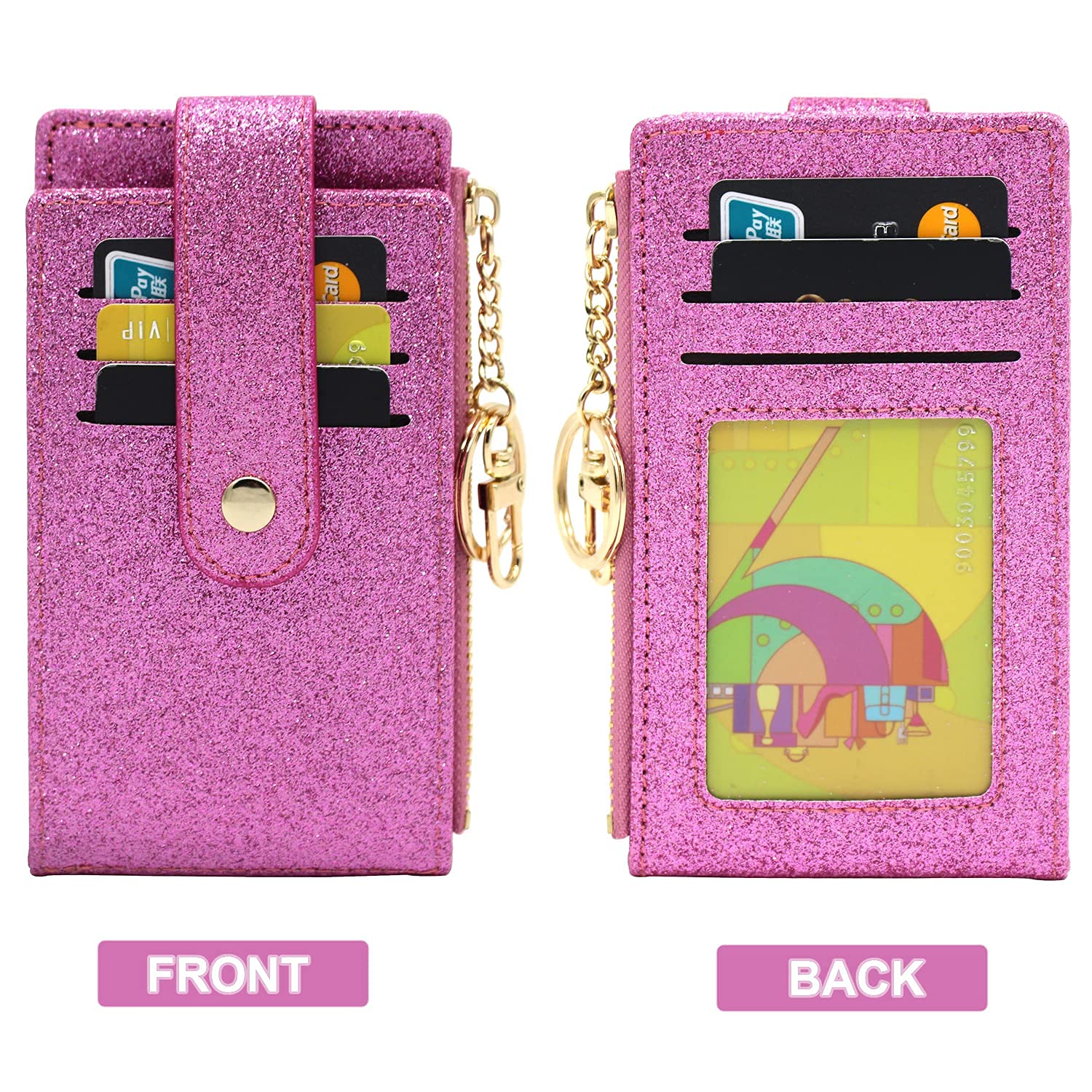 FFpaw Glitter Credit Card Wallet for Women Shiny Small Coin Purse RFID Blocking Card Holder with Key Ring (Shiny Rose)