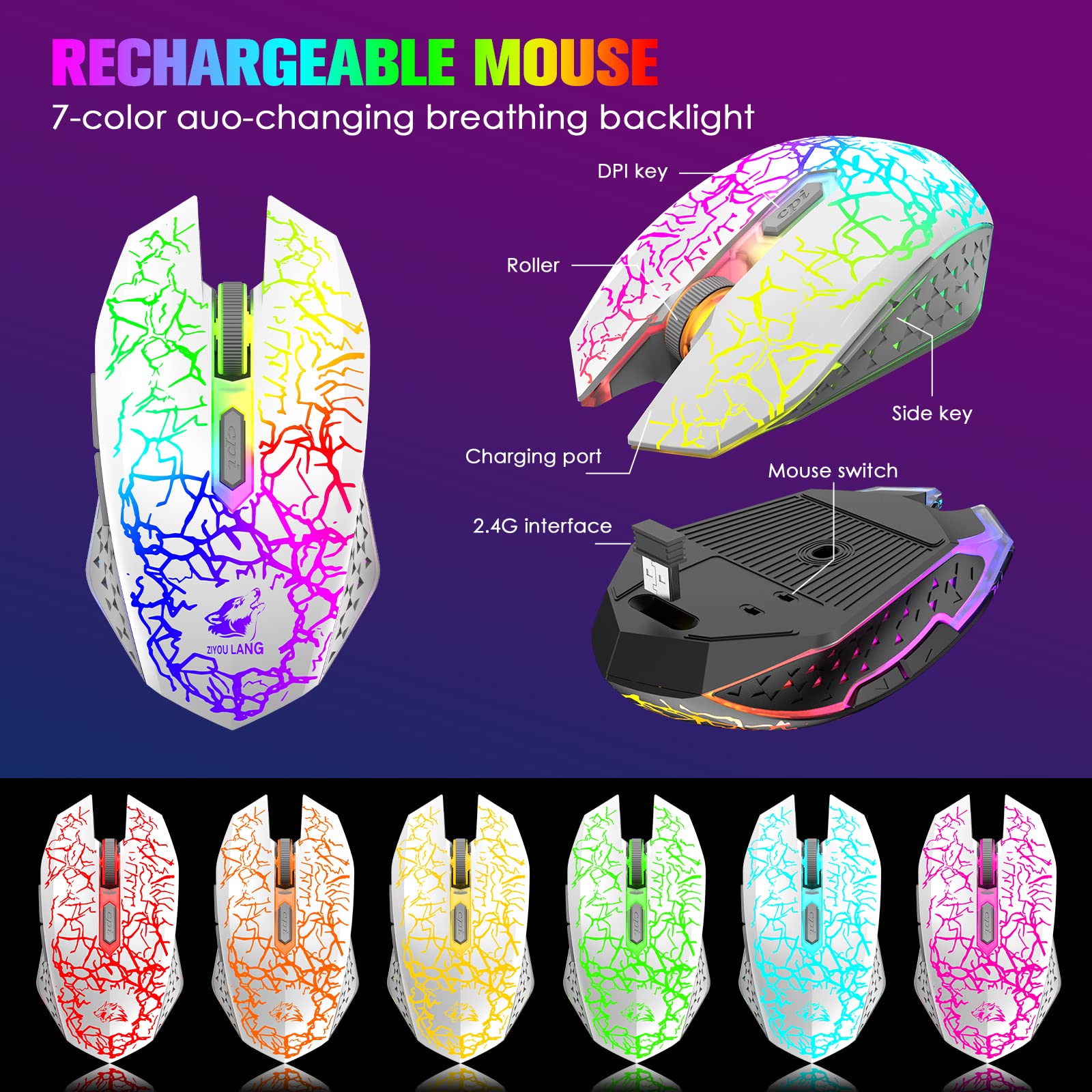 A.JAZZ Wireless Gaming Keyboard and Mouse Combo with 61 Key TKL Rainbow LED Backlight Rechargeable 4000mAh Battery Mechanical Feel Anti-ghosting Ergonomic Waterproof RGB Mute Mice for Win/Mac (White)
