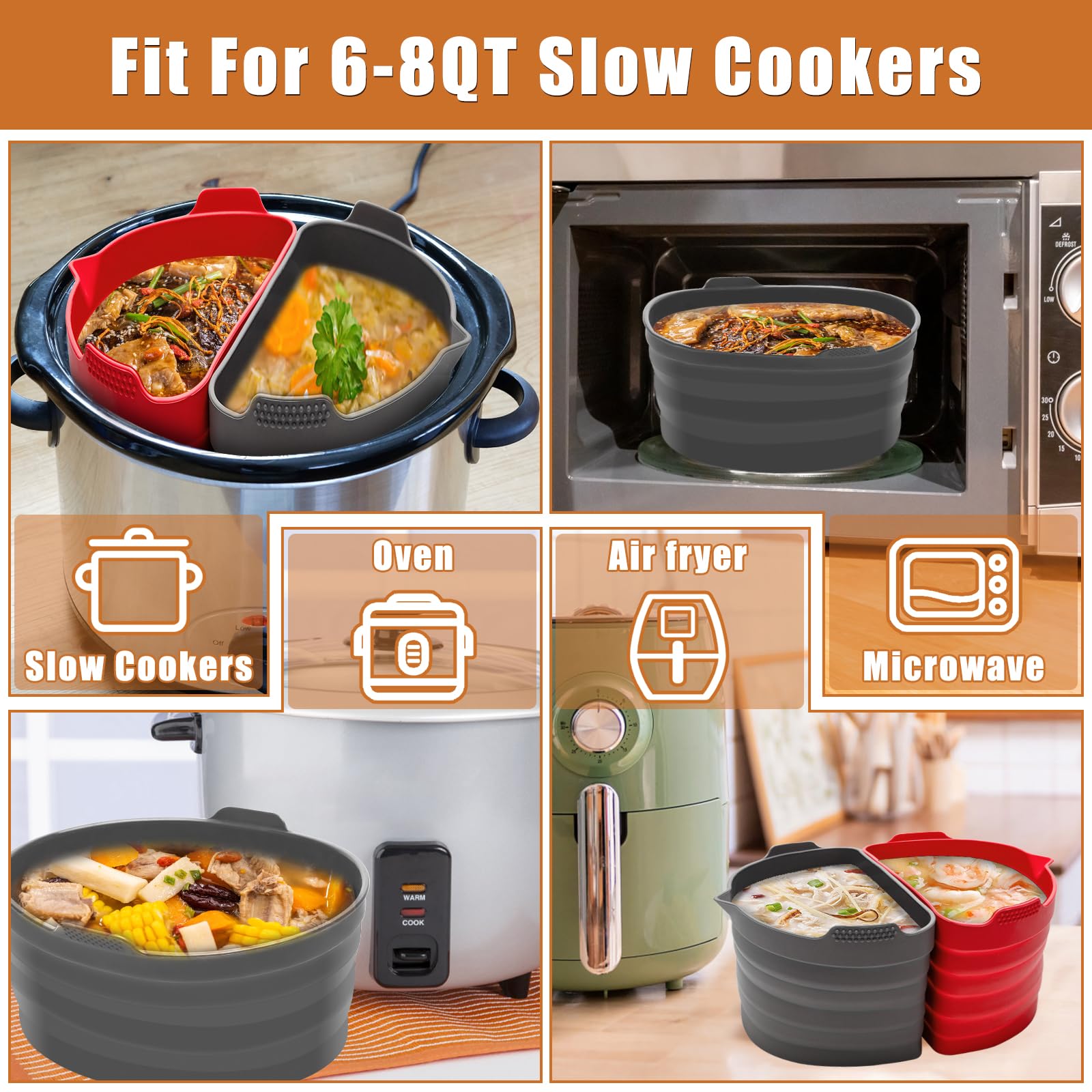 Slow Cooker Divider Silicone Liners, 6PCS Silicone Crock Pot Liner, Crock Pot Divider Insert, Reusable Crock Pot Dividers Silicone Fit Oval Slow Cooker 6-8 QT Slow Cooker Liners Coldairsoap