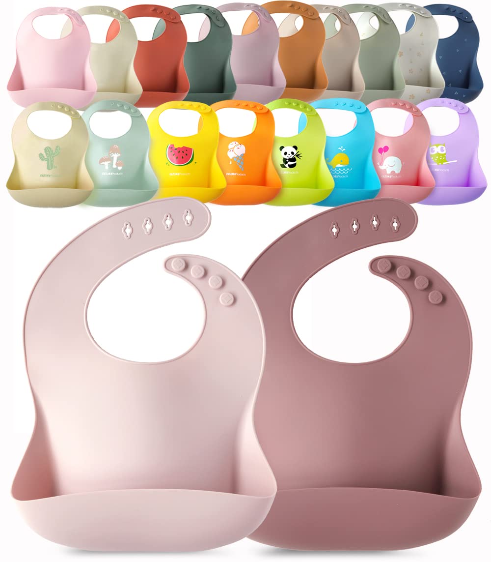YMCF Products 2-Pack Waterproof Silicone Baby Bib Lightweight Comfortable Easy-Wipe Clean (Lilac/Plum)