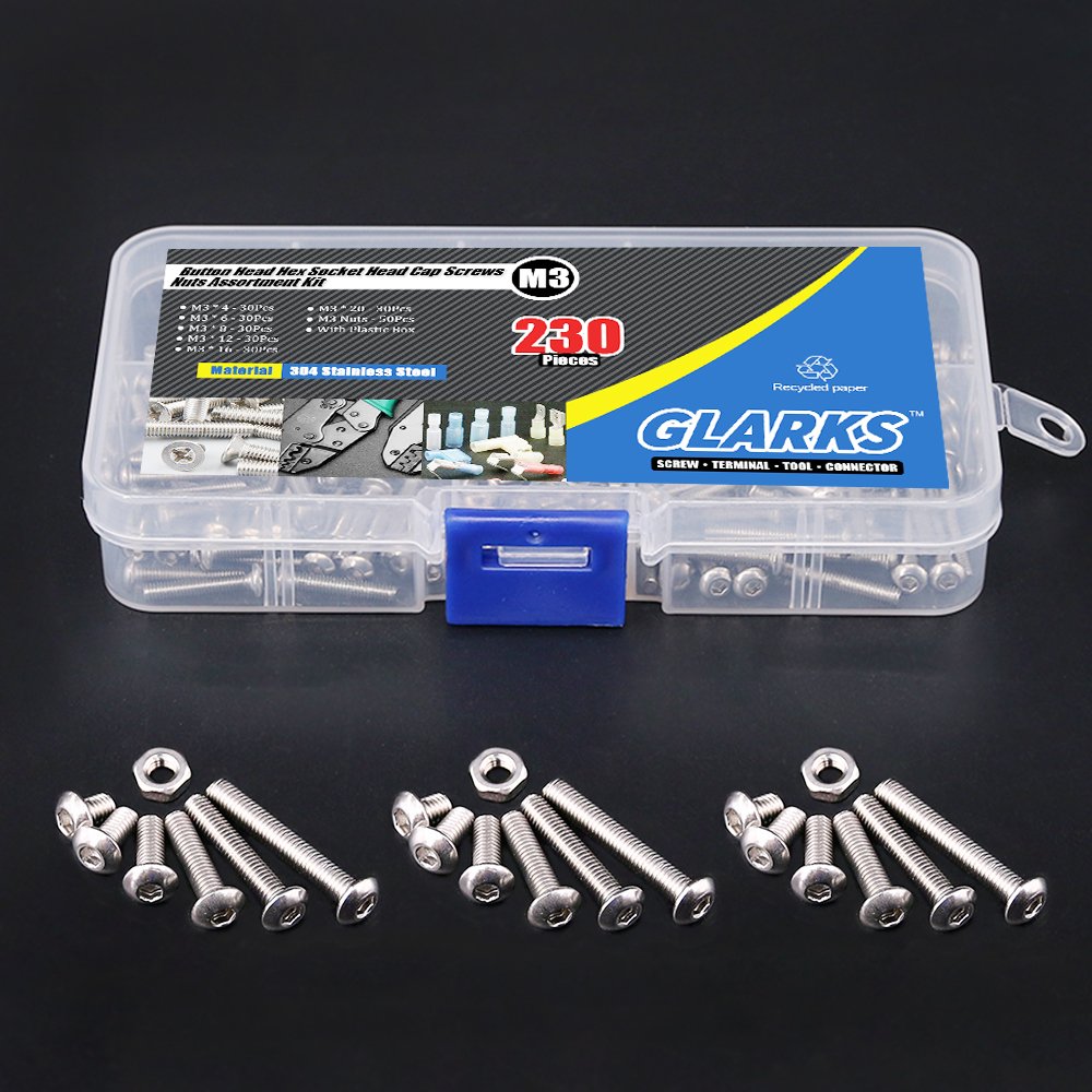 Glarks 230Pcs M3 Stainless Steel Allen Hex Drive Button Head Socket Cap Bolts Screws Nuts Assortment Kit (M3)