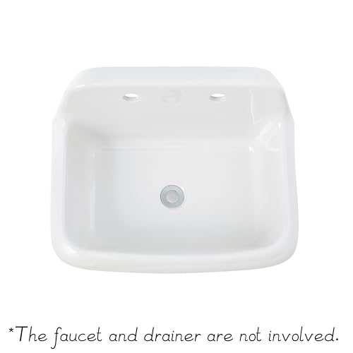 ELLAI 24 Inch Wall Mounted High Back Kitchen Sink White Porcelain Utility Sink Farm Sink Ceramic Farmhouse Laundry Sink Wall Mount Bathroom Sink, 8 in centers, 24” x 17” x 15”