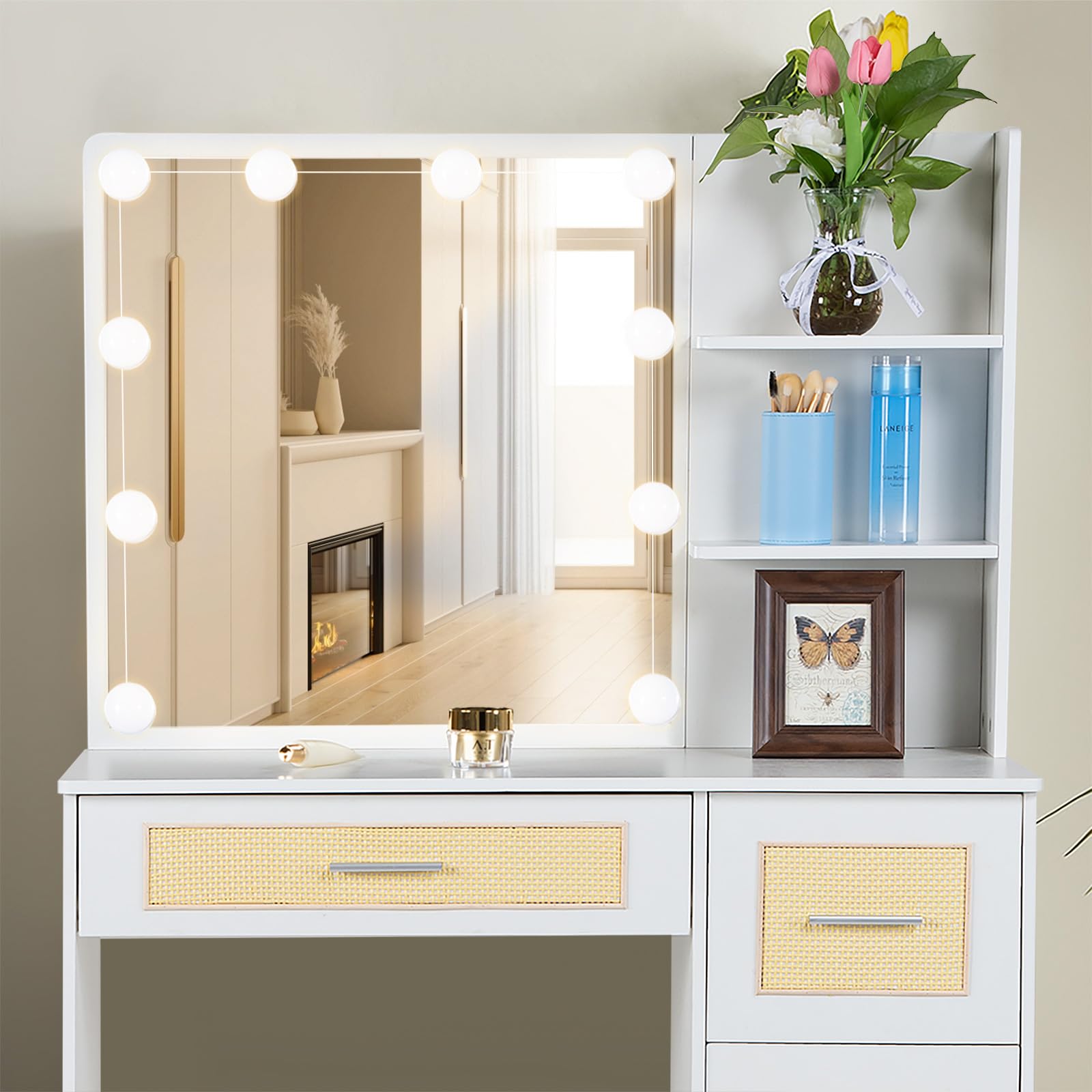Abesthink Makeup Vanity Table with Lights and Mirror,Modern Vanity Dressing Table with Lighted Makeup Mirror,White Vanity Table Desk with Drawers Shelves and Stool for Bedroom…