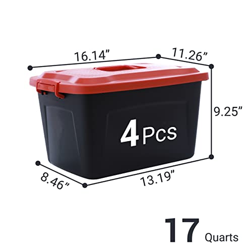 Citylife 17 QT Plastic Storage Bins with Latching Lids Stackable Containers for Organizing Garage Heavy Duty Storage Box with Handle Large Tote, Black/Orange, 4 Packs