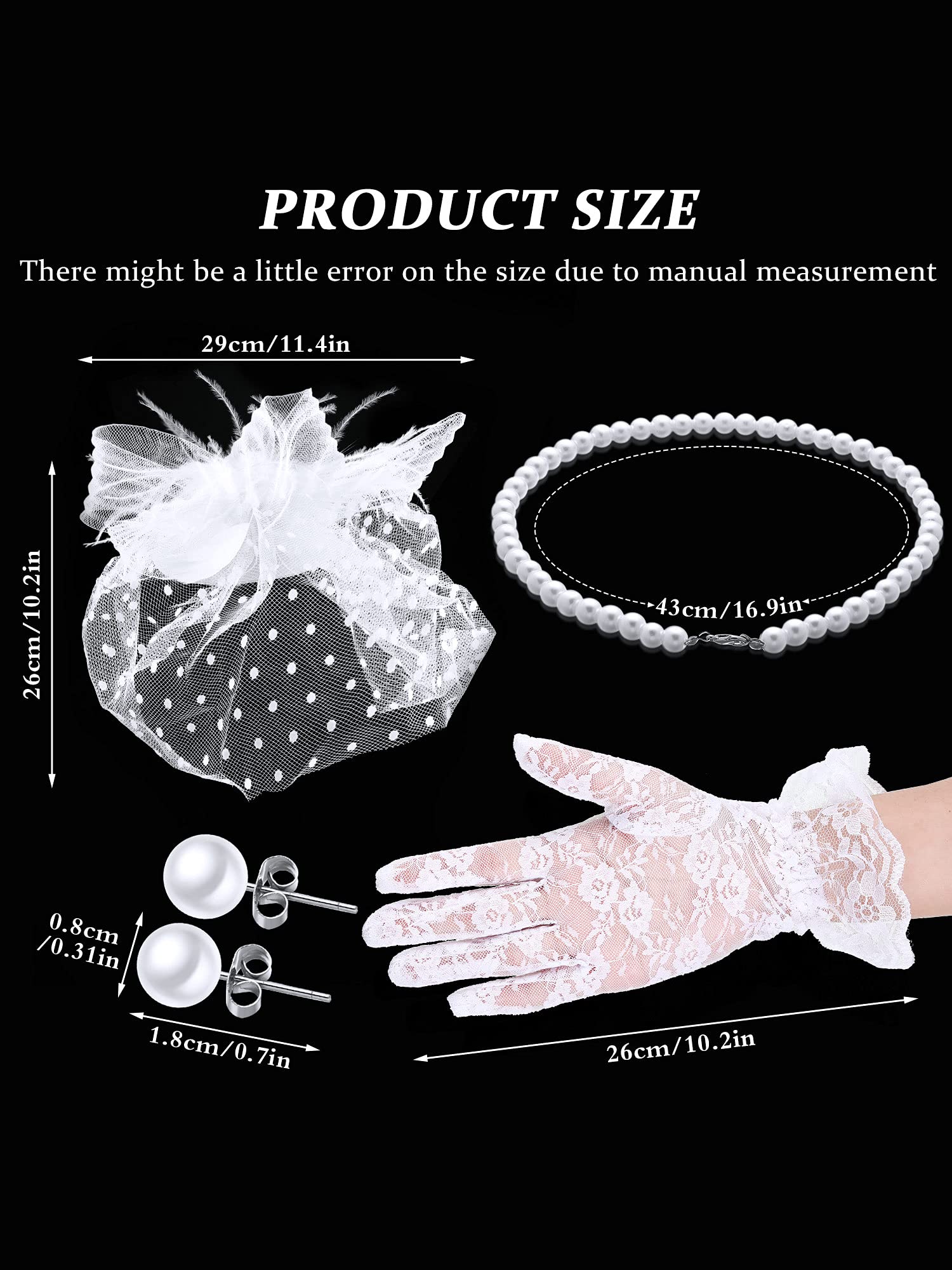 4 Pcs 50s Fascinators Hat for Women Tea Party with Short Lace Gloves Pearl Necklace Earrings for Wedding Halloween Funeral(White)