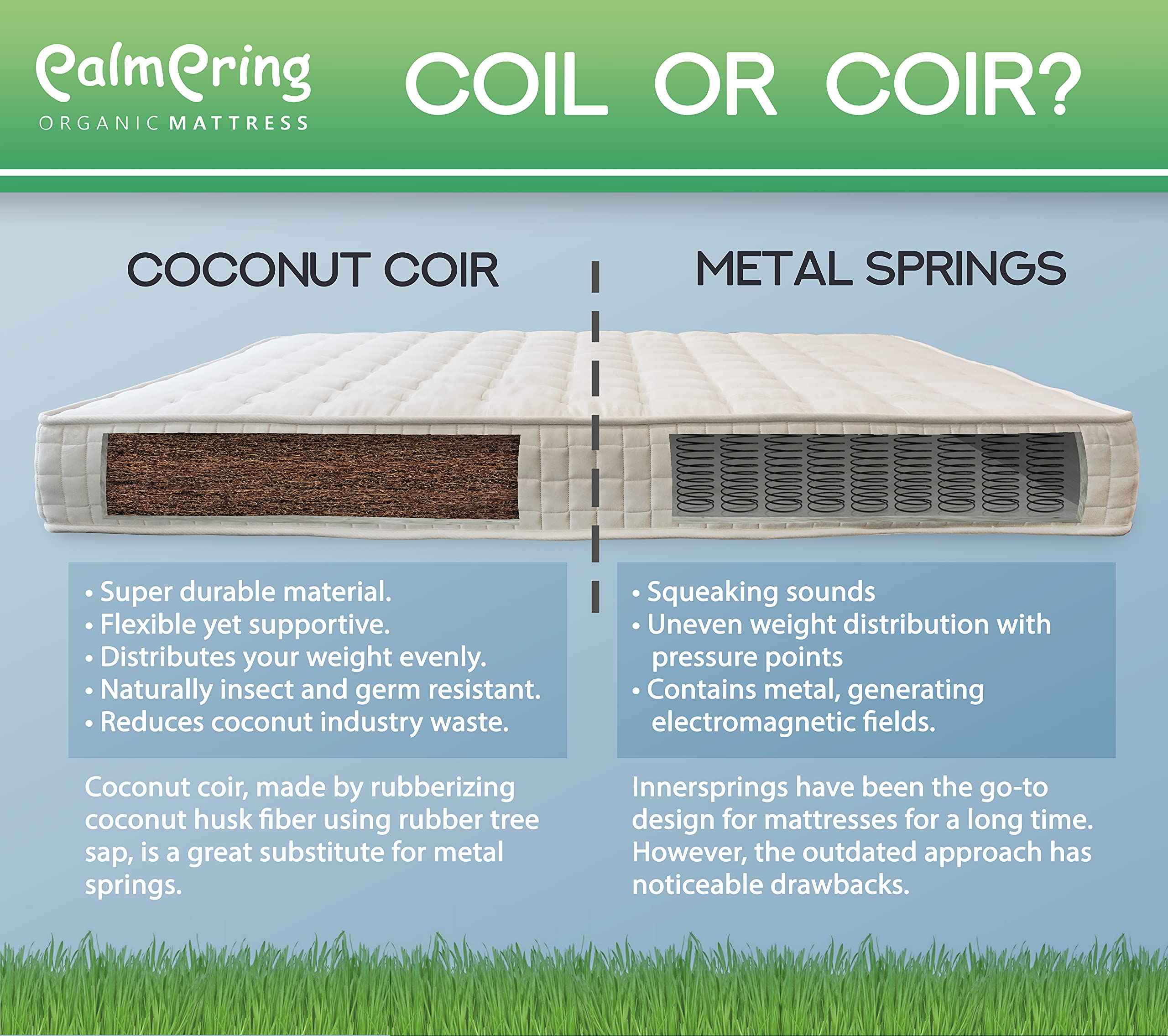 NATURAL LIFE PALMPRING Cambay King Mattress - Organic Coconut Coir 6” Extra Firm 1 Layer Comfortable Sleep Bed Dust Free