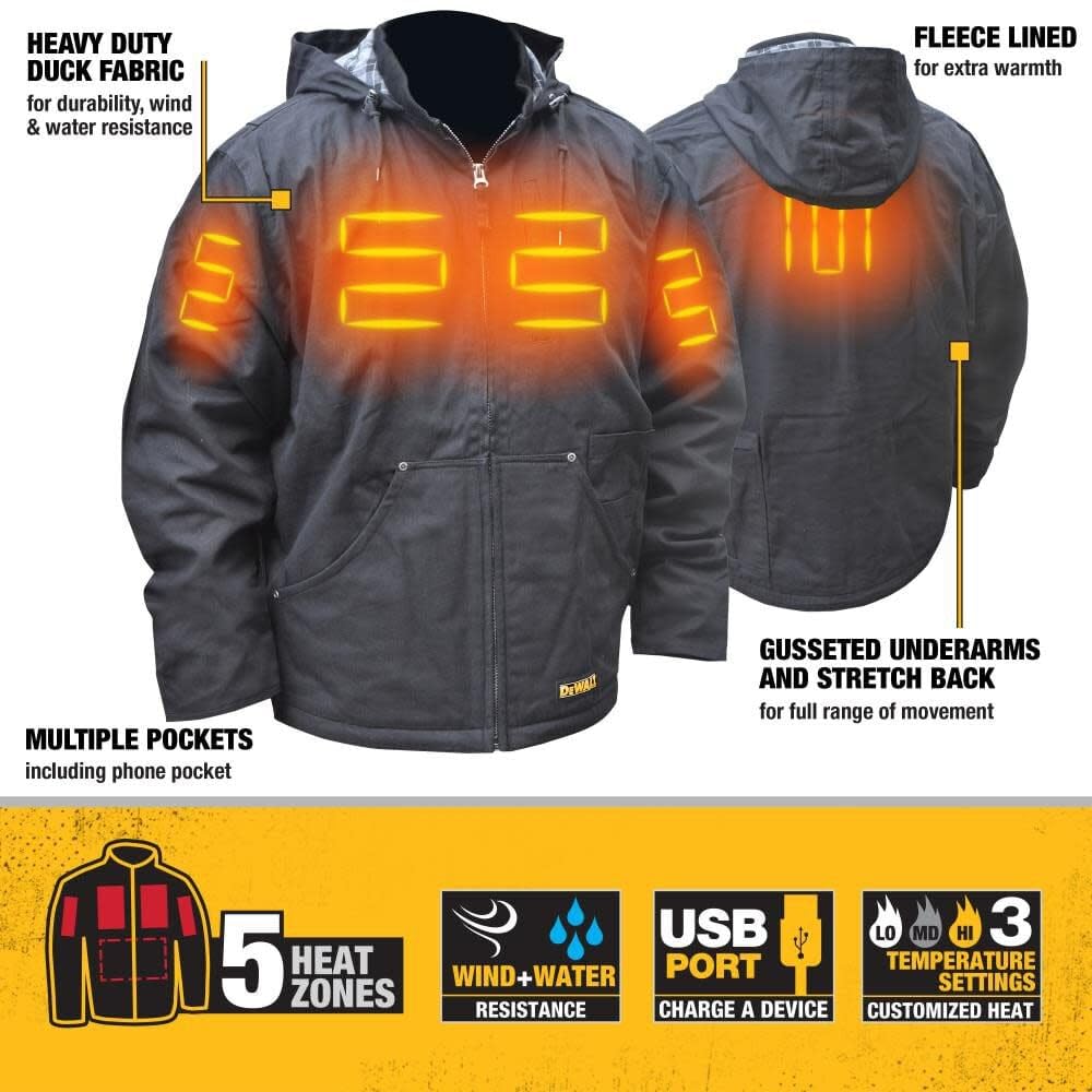 DEWALT Unisex Adult With 2.0ah Battery and Charger DEWALT Heated Heavy Duty Work Coat, Black, 2X US