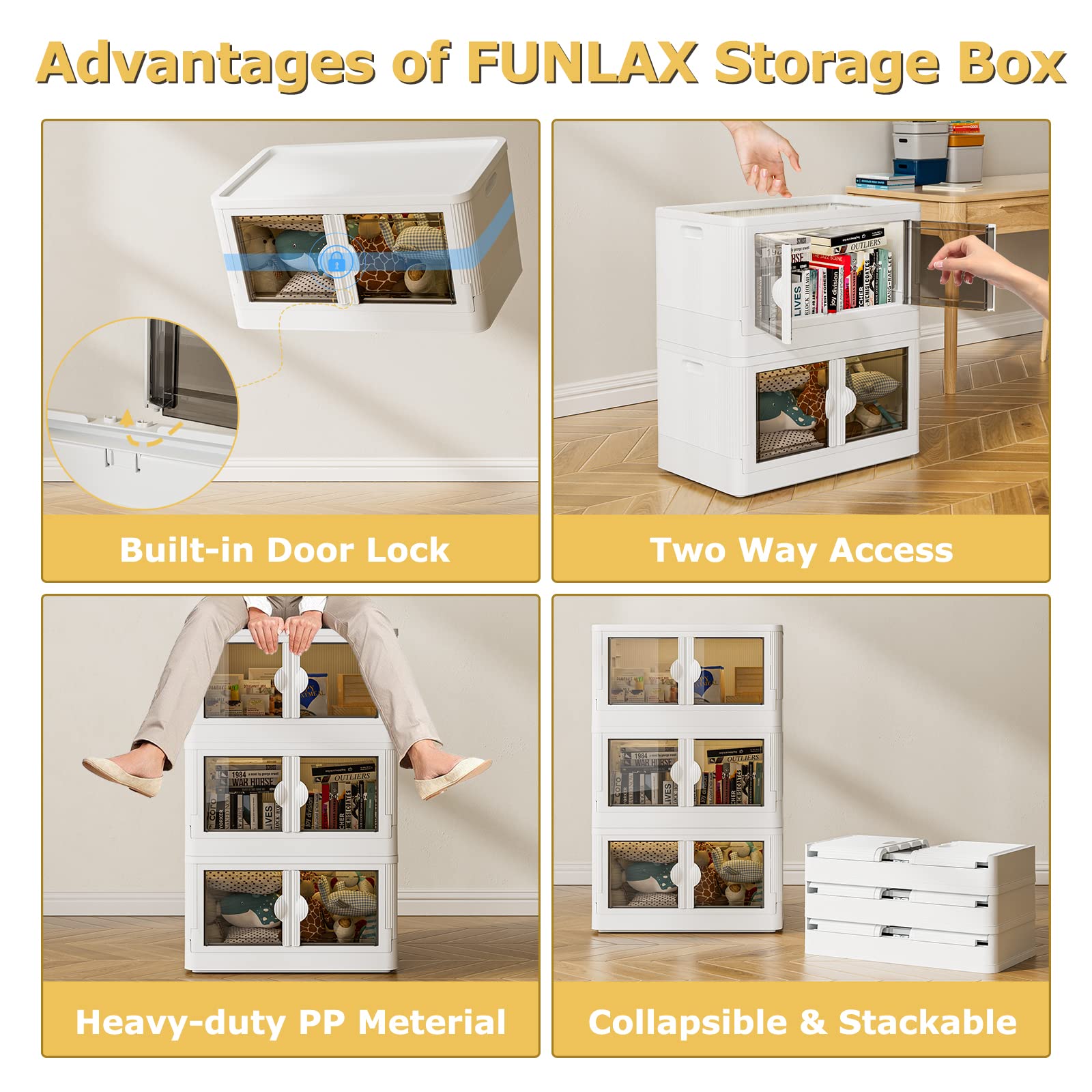 FUNLAX Collapsible Storage Bins with Lids, 14 Gal Foldable Stackable Storage Bins with Doors and Wheels, Folding Storage Boxes Set 3 Pack for Closet, Bedroom, Laundry, Home Organizer and Storage