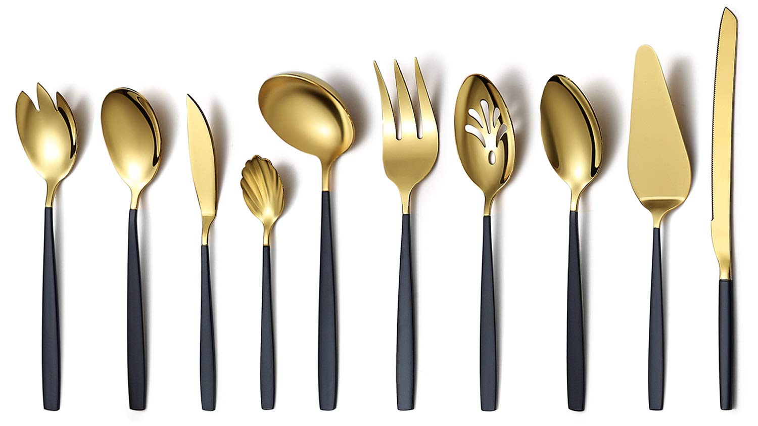 Black with Gold Silverware Serving Set 10 Pieces, Black Gold Flatware Serving Set, Serving Utensils, Include Slotted Spoon, Cake Server, Sugar Spoon, Soup Ladle, Wedding Cake Knife Ect