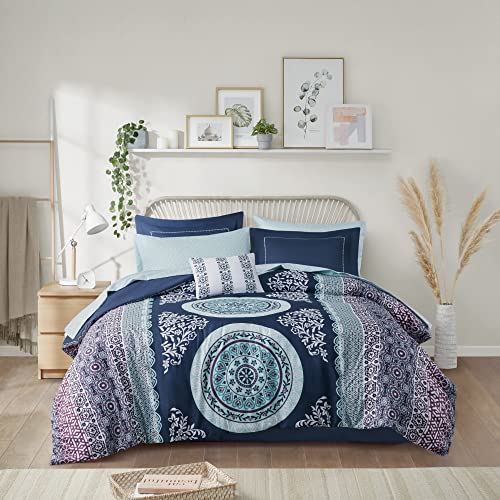 Intelligent Design Complete Bed In A Bag Casual Boho Comforter with Sheet Set Decorative Pillow, All Season Bedding Set, Twin, Loretta Navy 7 Piece
