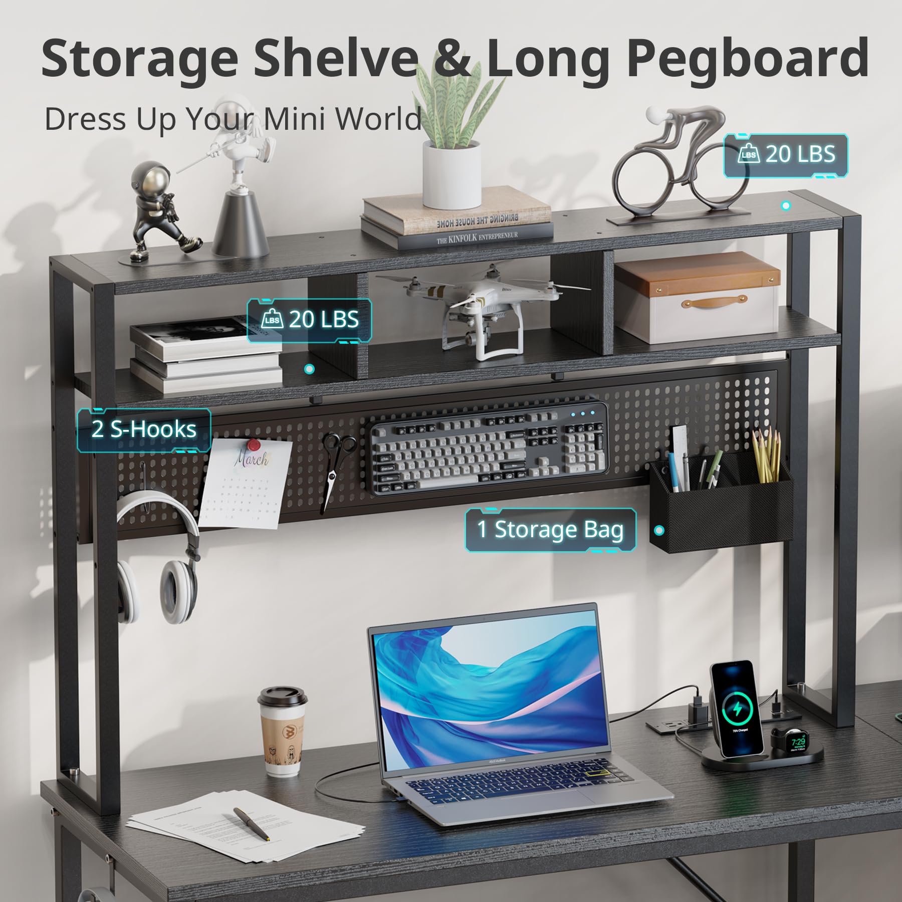 DOMICON Gaming Desk Computer Desk with Pegboard & Shelves Large L Shaped Desk with Drawers, Gaming Desk with Power Outlet & LED & Monitor Stand & Mobile CPU Stand, Corner Deck for Home Office Black