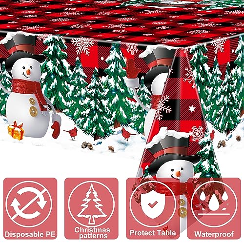 4 PCS Christmas Plastic Tablecloths Snowman Disposable Table Covers Black Red Buffalo Plaid Snowflake Tablecloth Christmas Rectangle Table Cover for Xmas Party Decor Winter Holiday, 54" x 108"