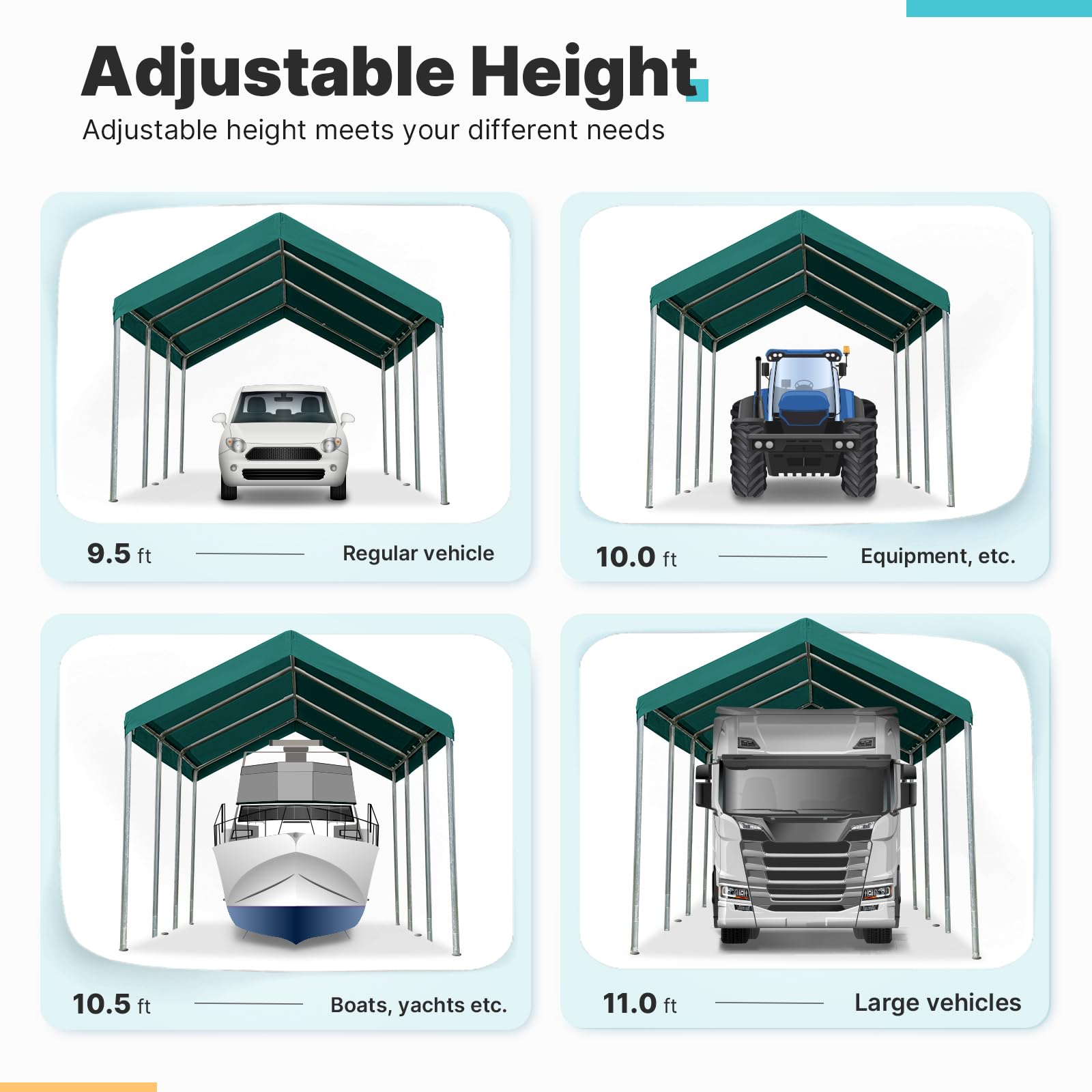 ADVANCE OUTDOOR 10x20 ft Heavy Duty Carport Potable Car Canopy Garage Party Tent Boat Shelter, Adjustable Height from 9.5 ft to 11 ft, Green