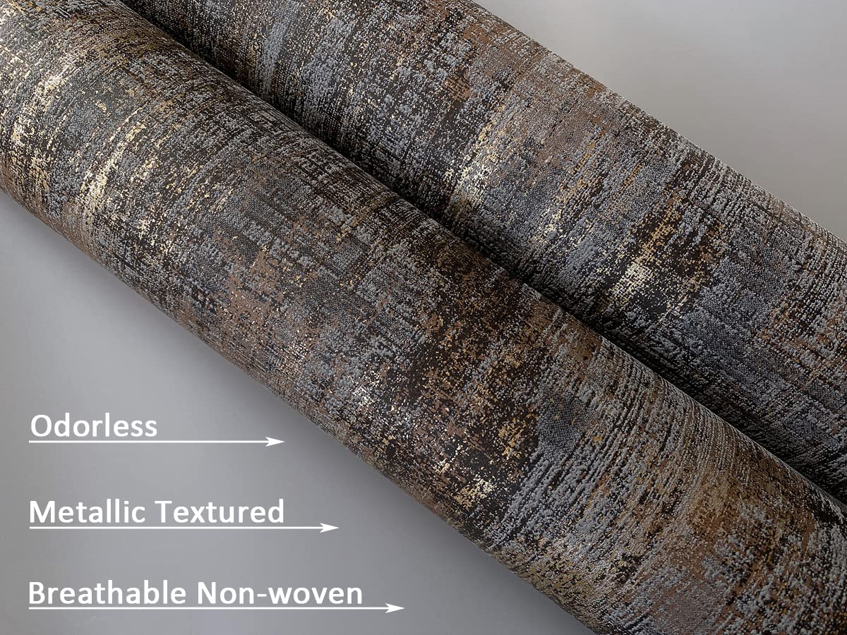 AM1NAH Distressed Wallpaper Industrial Metallic Wall Paper Non-Woven, 20.80'' X 393.00'', Charcoal & Gold
