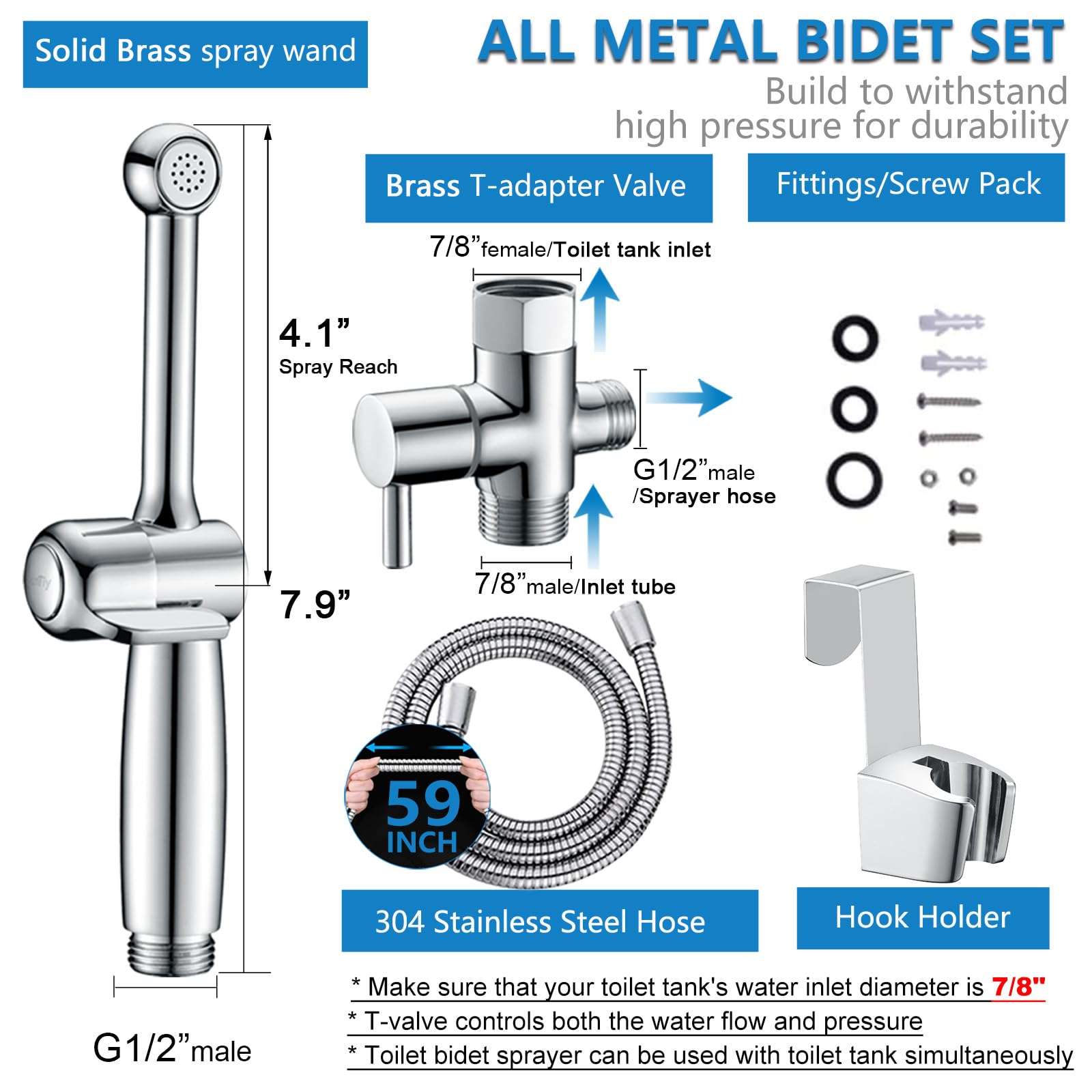 SonTiy Brass Handheld Bidet Sprayer for Toilet, 7.2β Bidet Wand and 7.9" Bidet Wand, Cloth Diaper Toilet Sprayer Bidet Attachment with Backflow Preventer