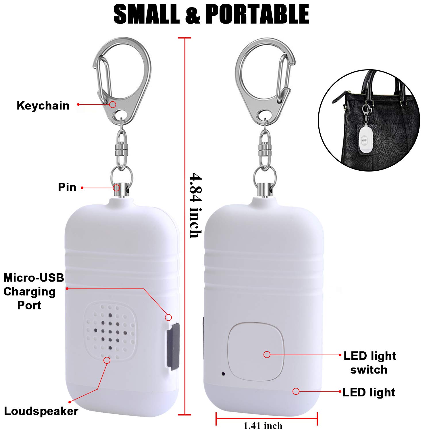 Safesound Personal Alarm - 130dB USB Rechargeable Self Defense Keychain Siren Security Personal Protection Devices with Emergency Mini LED Light for Women Girls Kids and Elderly (White)