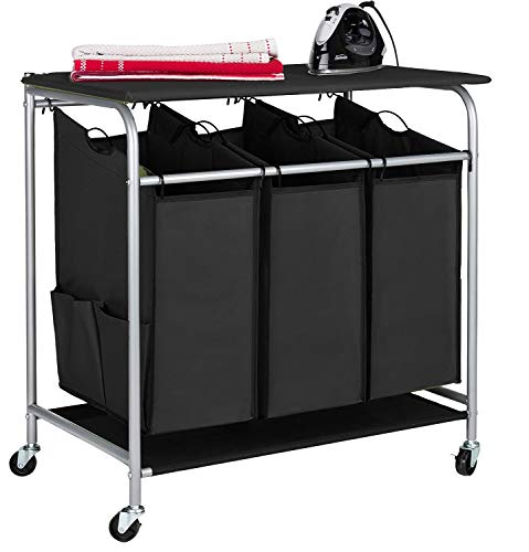JINAMART 3 Section Laundry Sorter with Ironing board, Rolling Laundry Hamper cart, Removable Bag Sorter Basket with 4 side pockets, Laundry Organization Bins for Bedroom & Bathroom (Black)