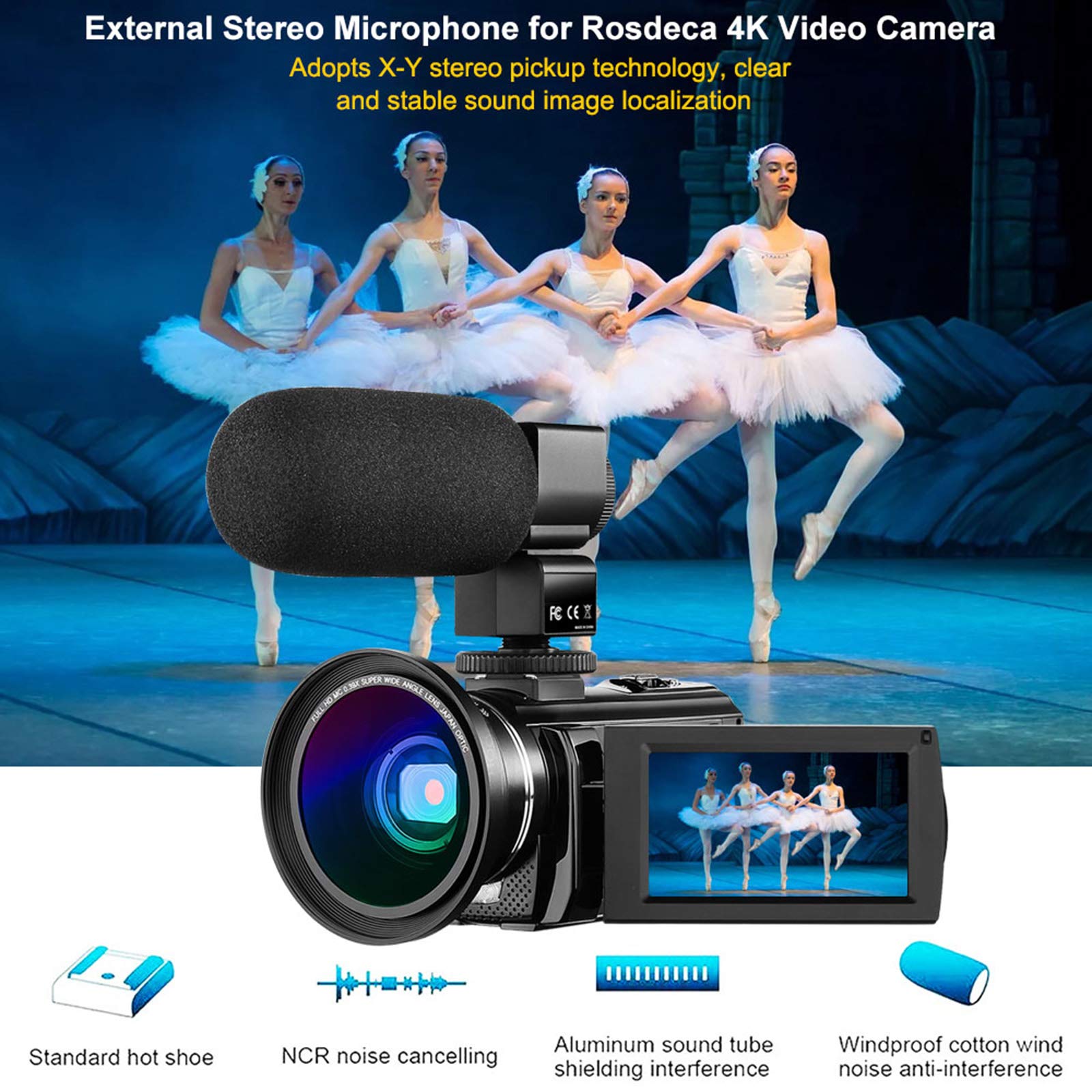 4K Camcorder Video Camera Rosdeca Ultra HD 48.0MP WiFi Digital Camera IR Night Vision 3.0" IPS Touch Screen 16X Digital Zoom with External Microphone, Wide Angle Lens, 2 Batteries and Memory Card
