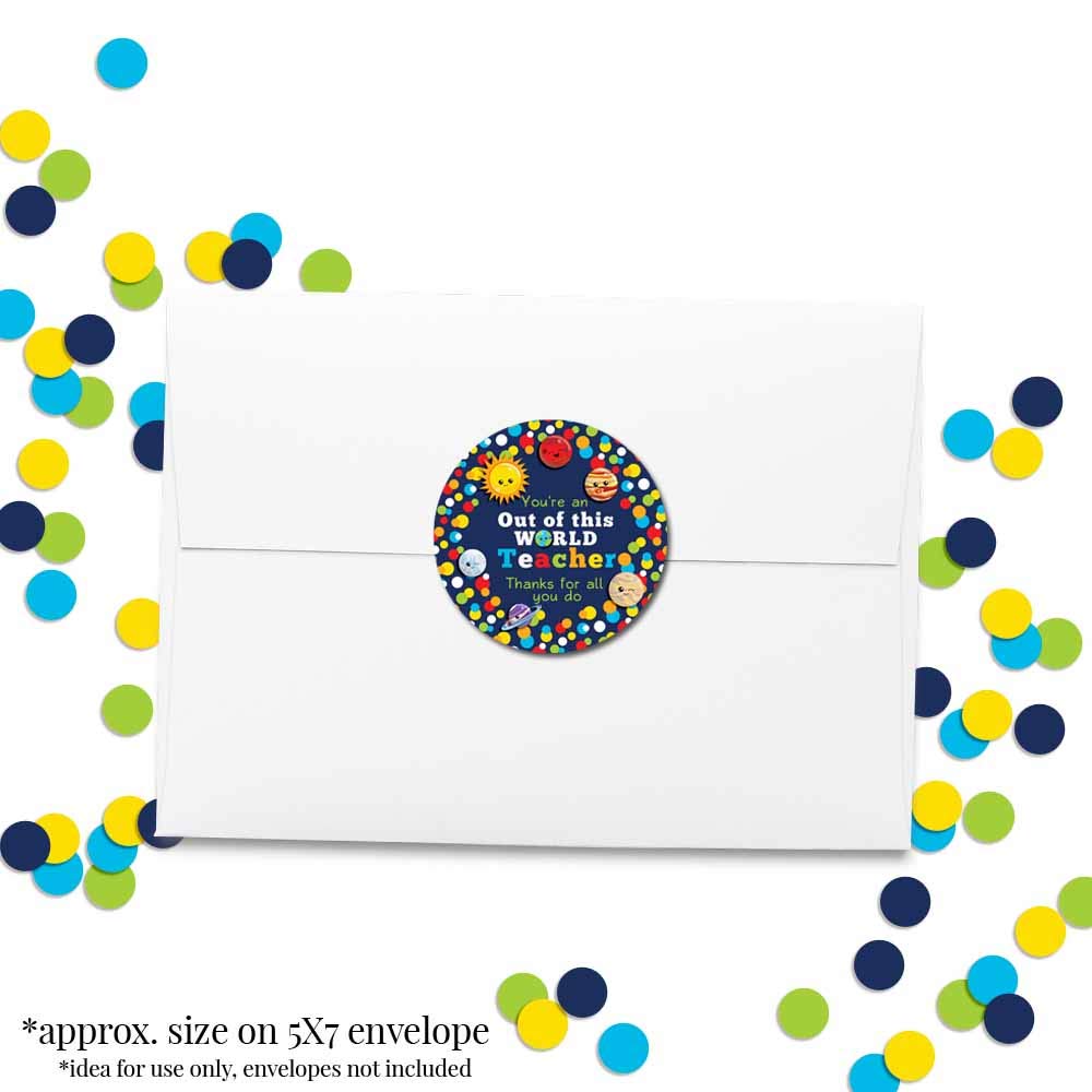 Out of This World Outer Space Themed Teacher Appreciation Thank You Sticker Labels, 40 2" Party Circle Stickers by AmandaCreation, Great for Envelope Seals & Gift Bags